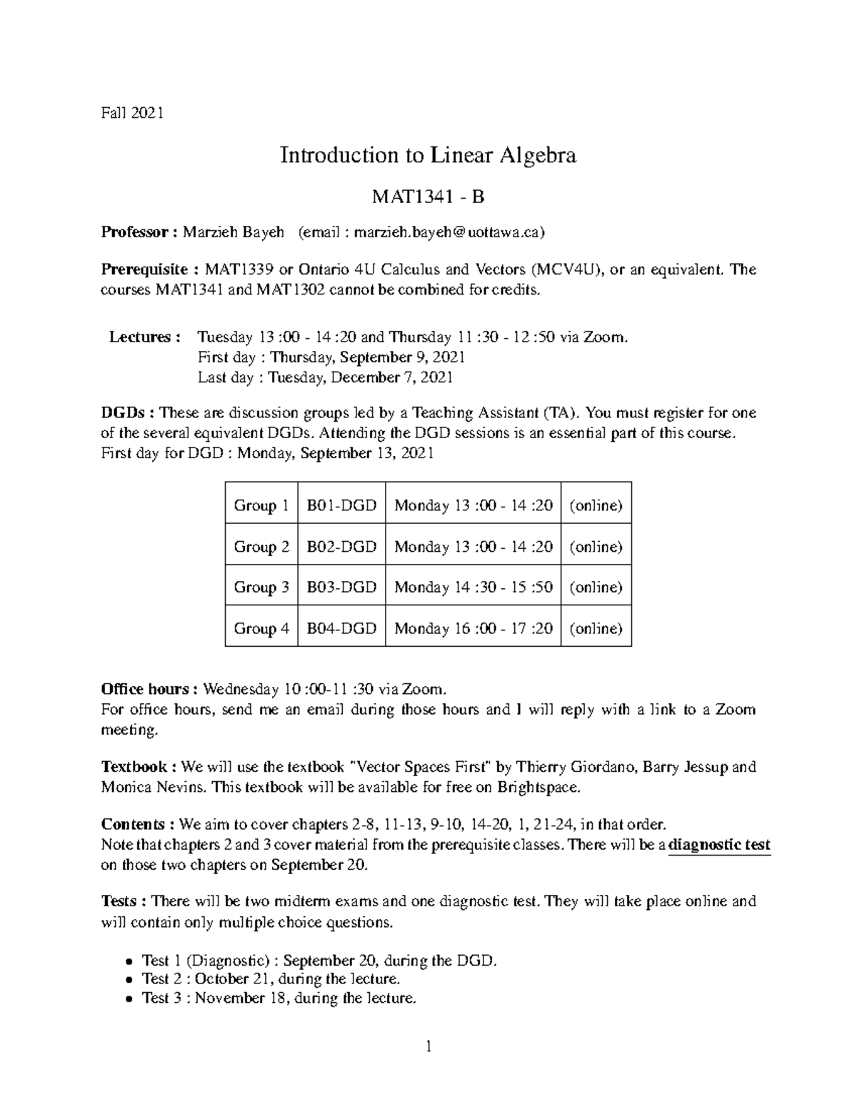 MAT1341-B Syllabus - Fall 2021 Introduction to Linear Algebra MAT1341 ...