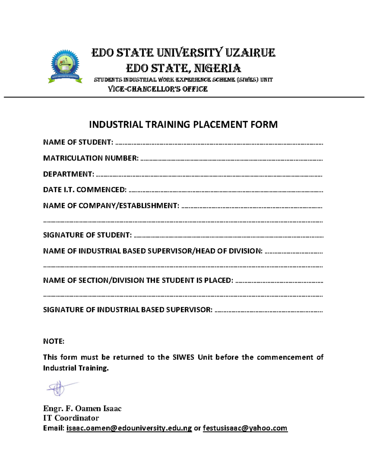 IT placement form - pas - EDO STATE UNIVERSITY UZAIRUE EDO STATE ...