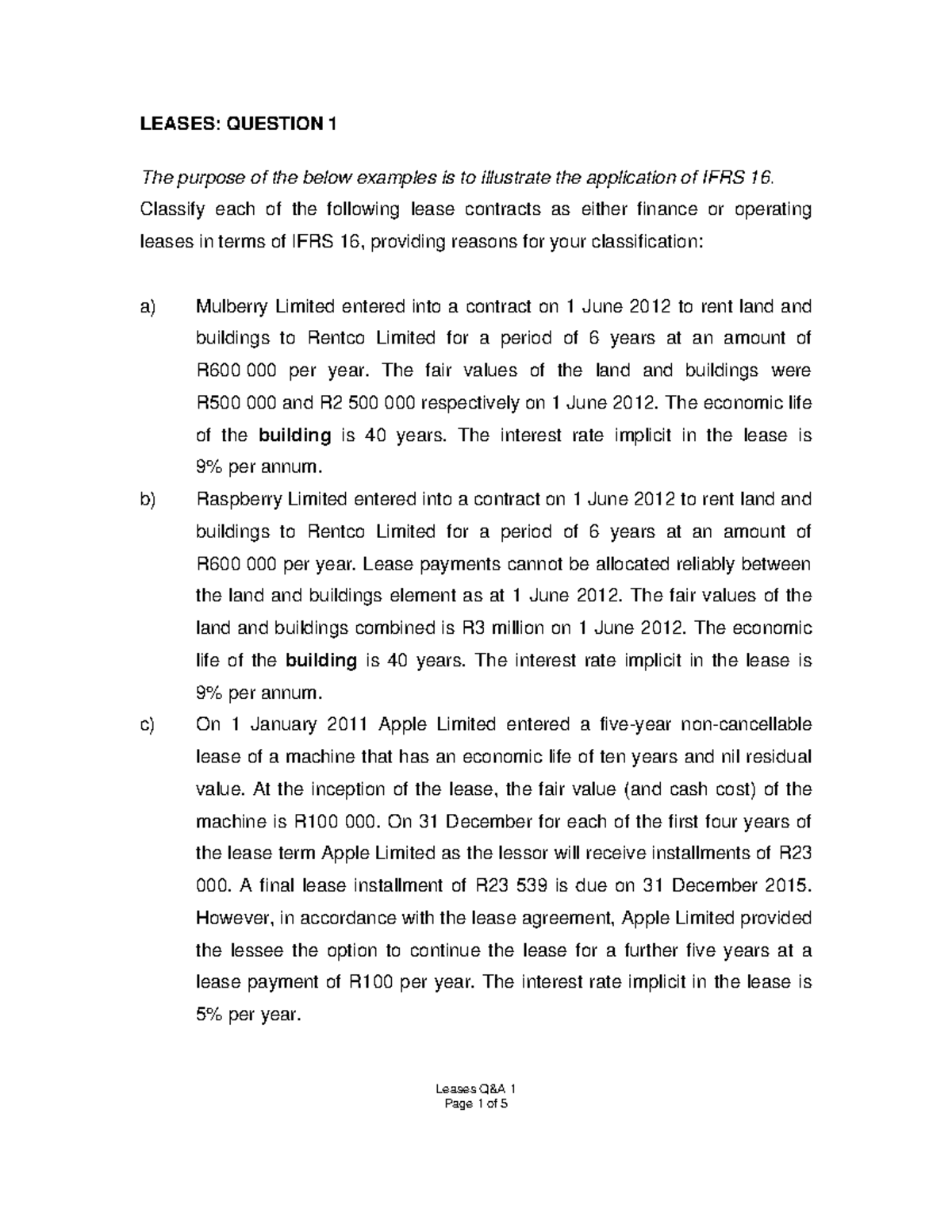 Leases Q1 - Good for practice and tutorials includes solution - Leases ...