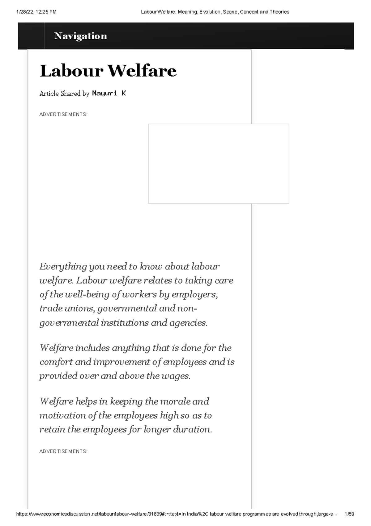 Labour Welfare Meaning, Evolution, Scope, Concept and Theories - - Studocu