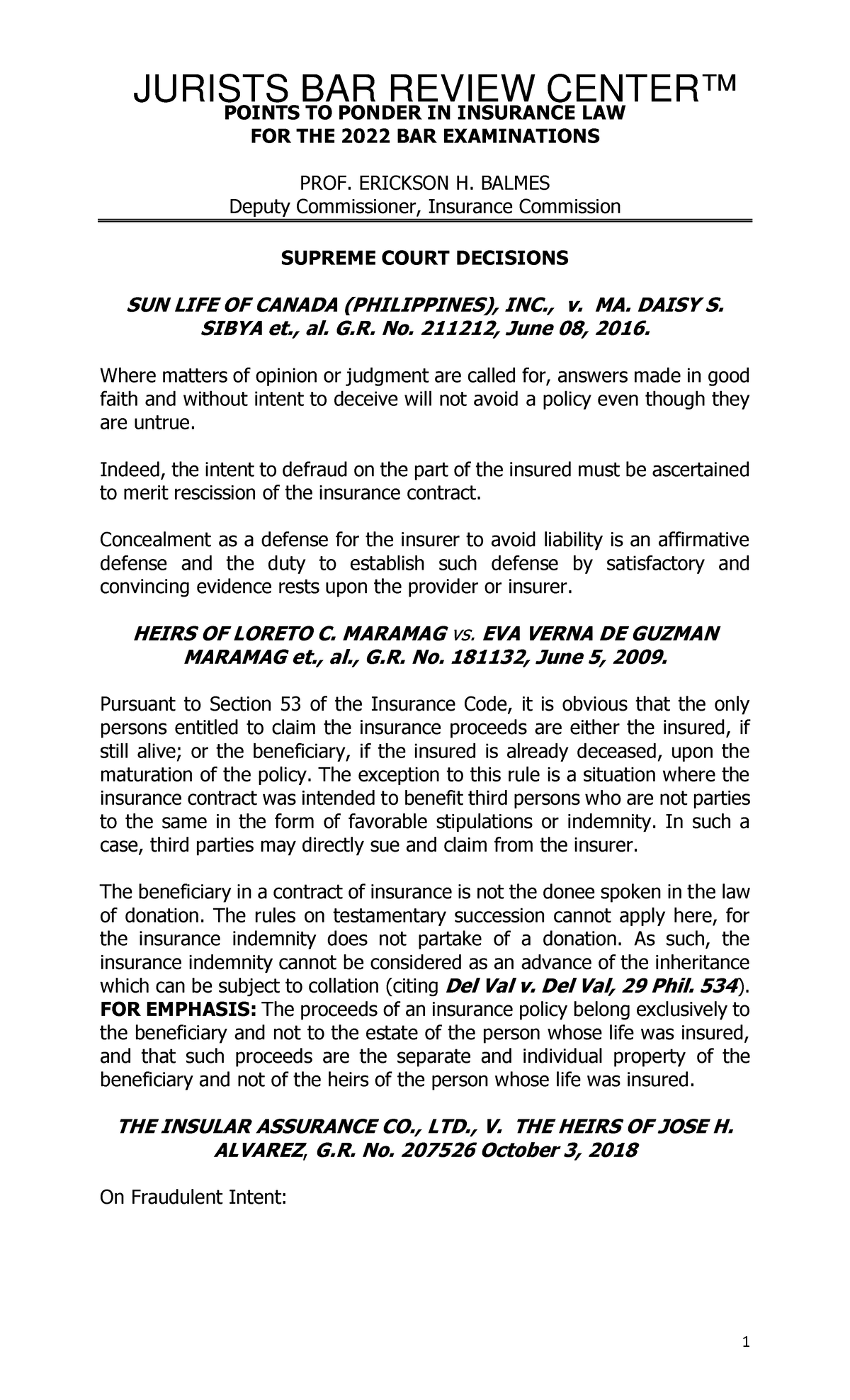 Pre-week Notes Points to Ponder in Insurance Law by Deputy Commissioner ...