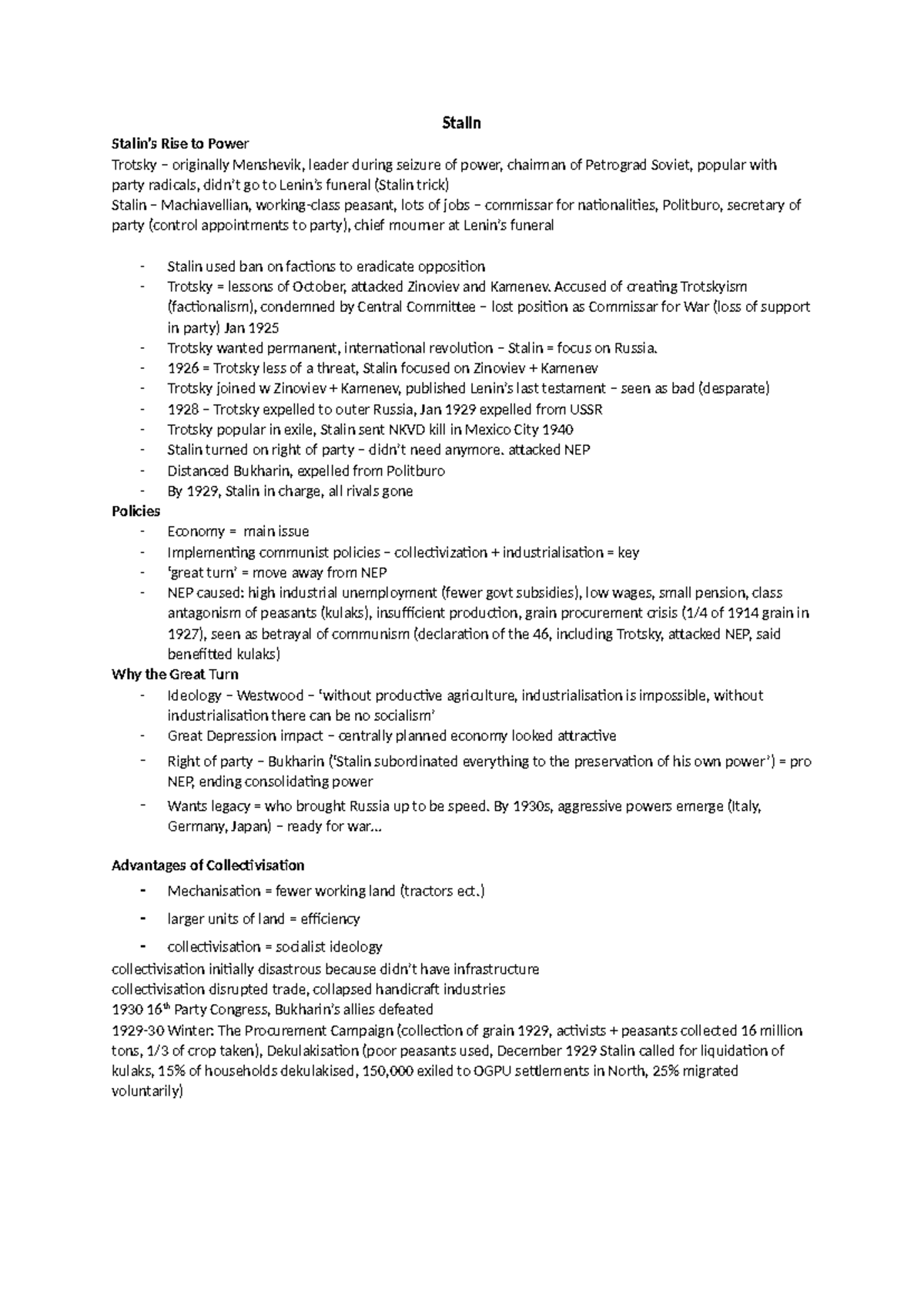 Stalin Condensed notes - Stalin Stalin’s Rise to Power Trotsky ...