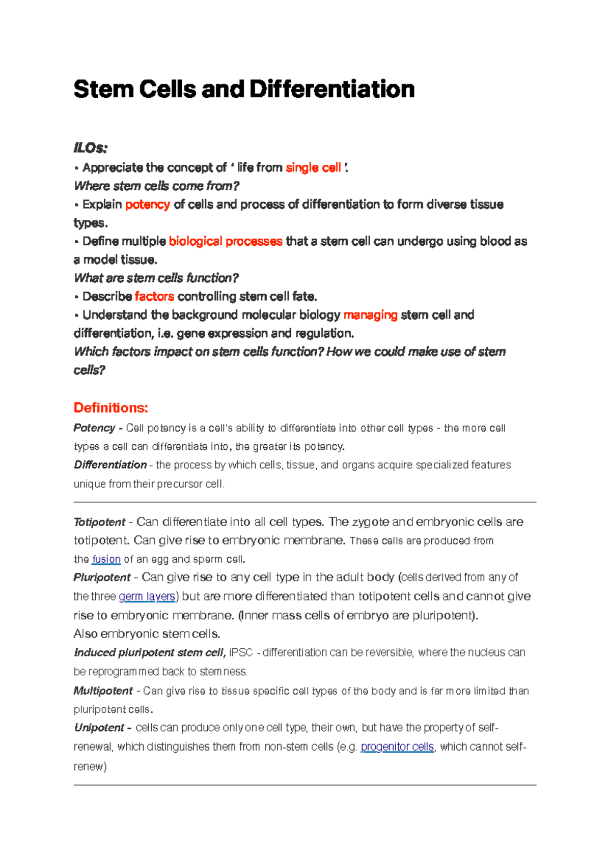 Stem Cells and Differentiation - S te m C e l l s a n d D i f fe re n t ...