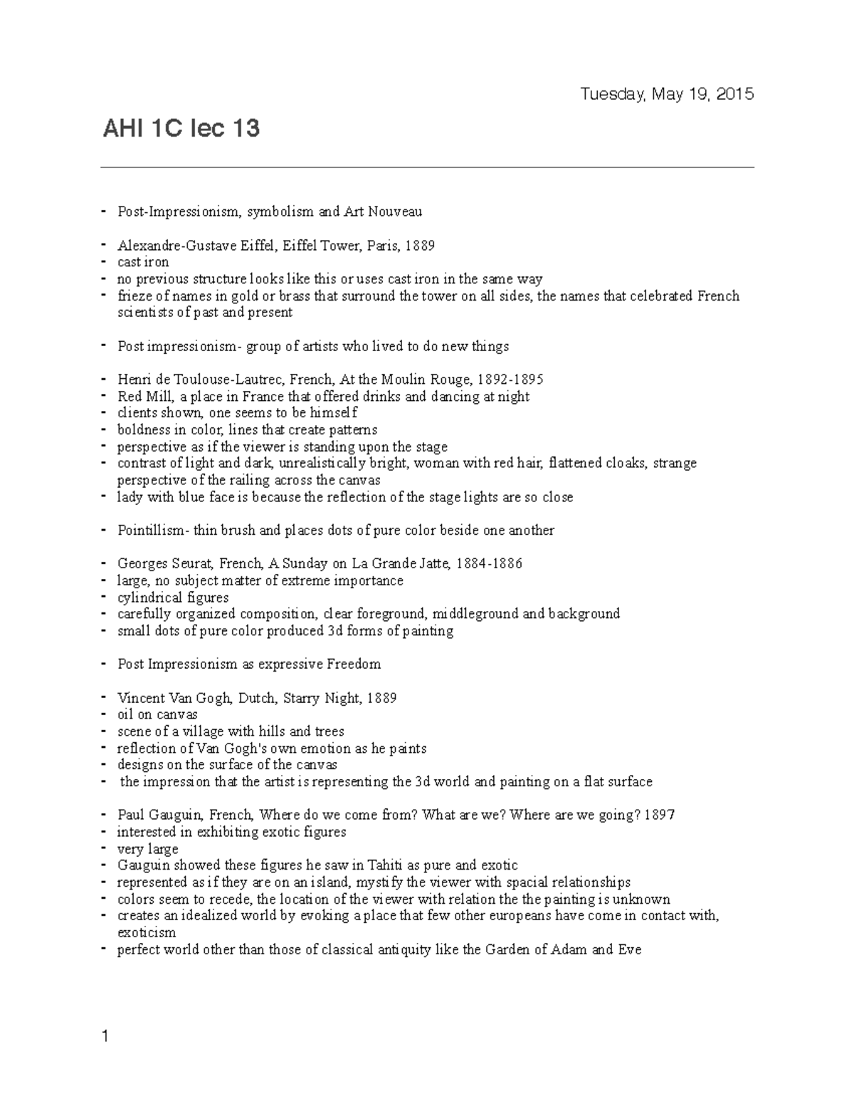 AHI 1C lec 13 - Lecture notes 13 - Tuesday, May 19, 2015 AHI 1C lec 13 ...
