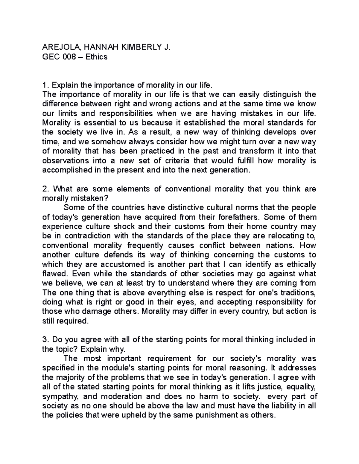 M1 Assignment for gec - AREJOLA, HANNAH KIMBERLY J. GEC 008 – Ethics ...