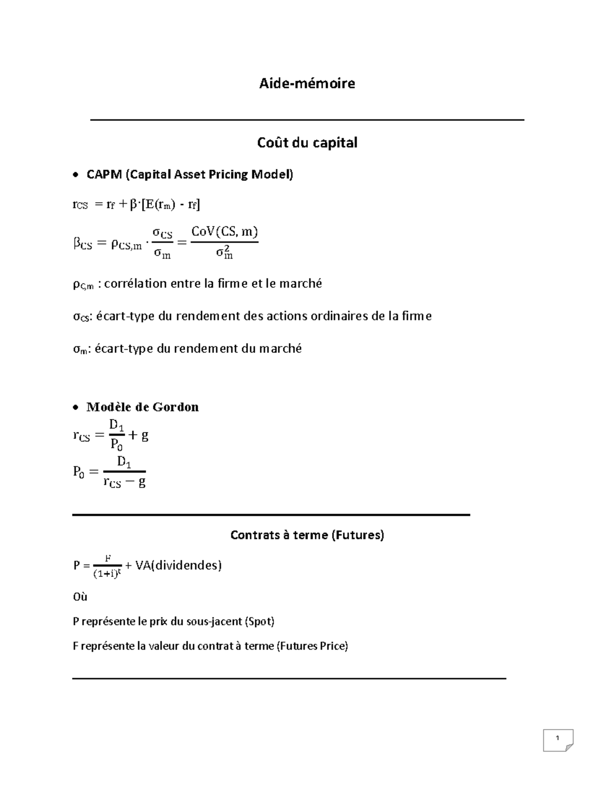 SCO3003 - Formules Final - Aide-mémoire Coût du capital • CAPM (Capital ...