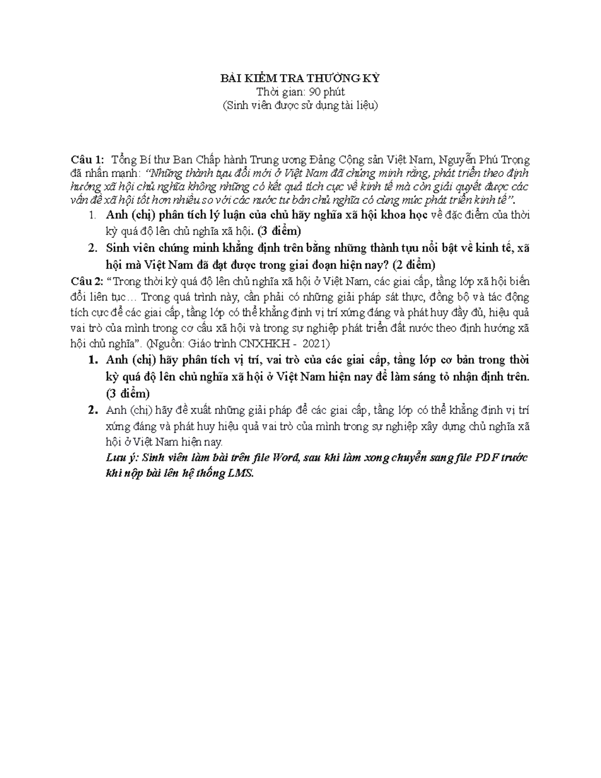 De cnxhkh - cnkh - BÀI KIỂM TRA THƯỜNG KỲ Thời gian: 90 phút (Sinh viên ...