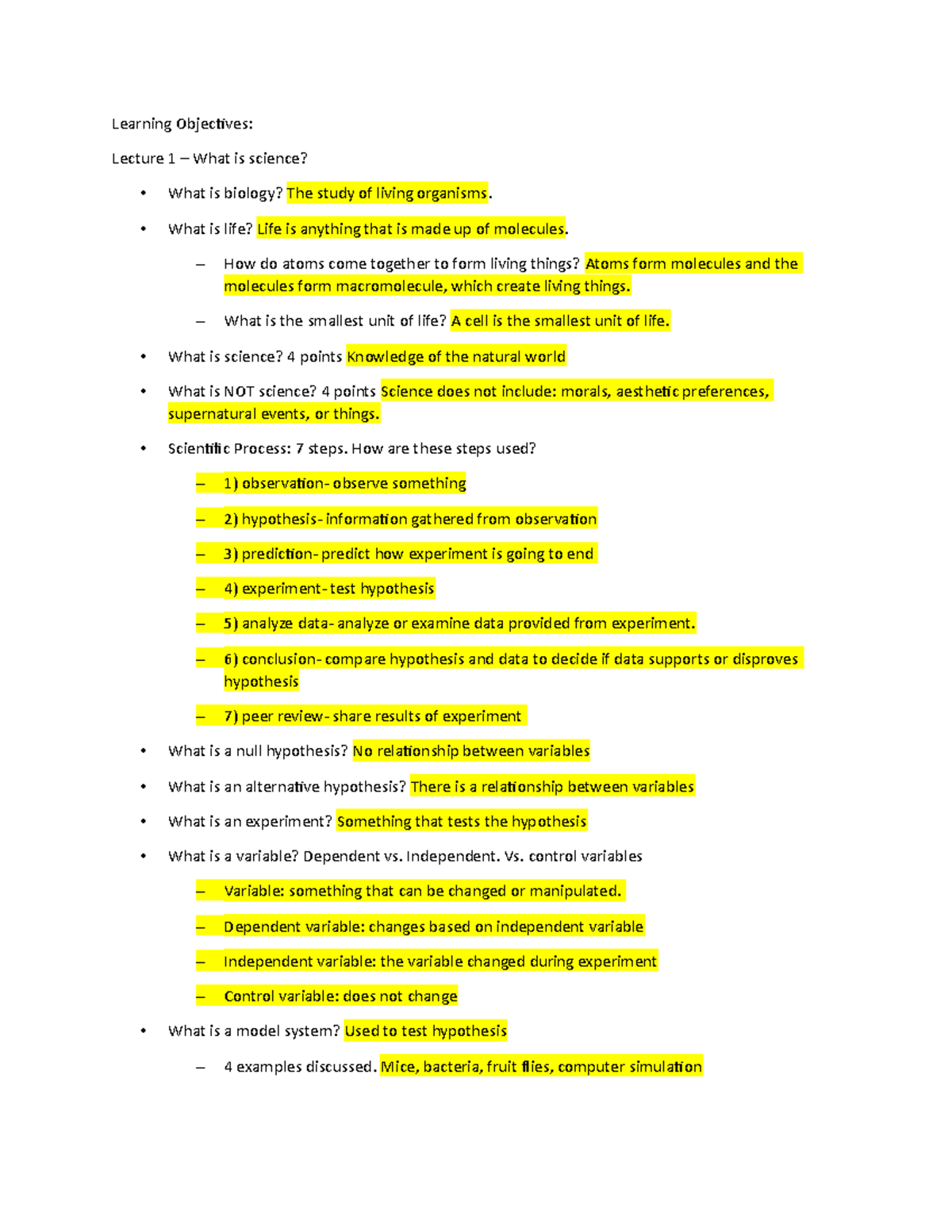 Biology 1101 What is science Study Guide - Learning Objectives: Lecture ...