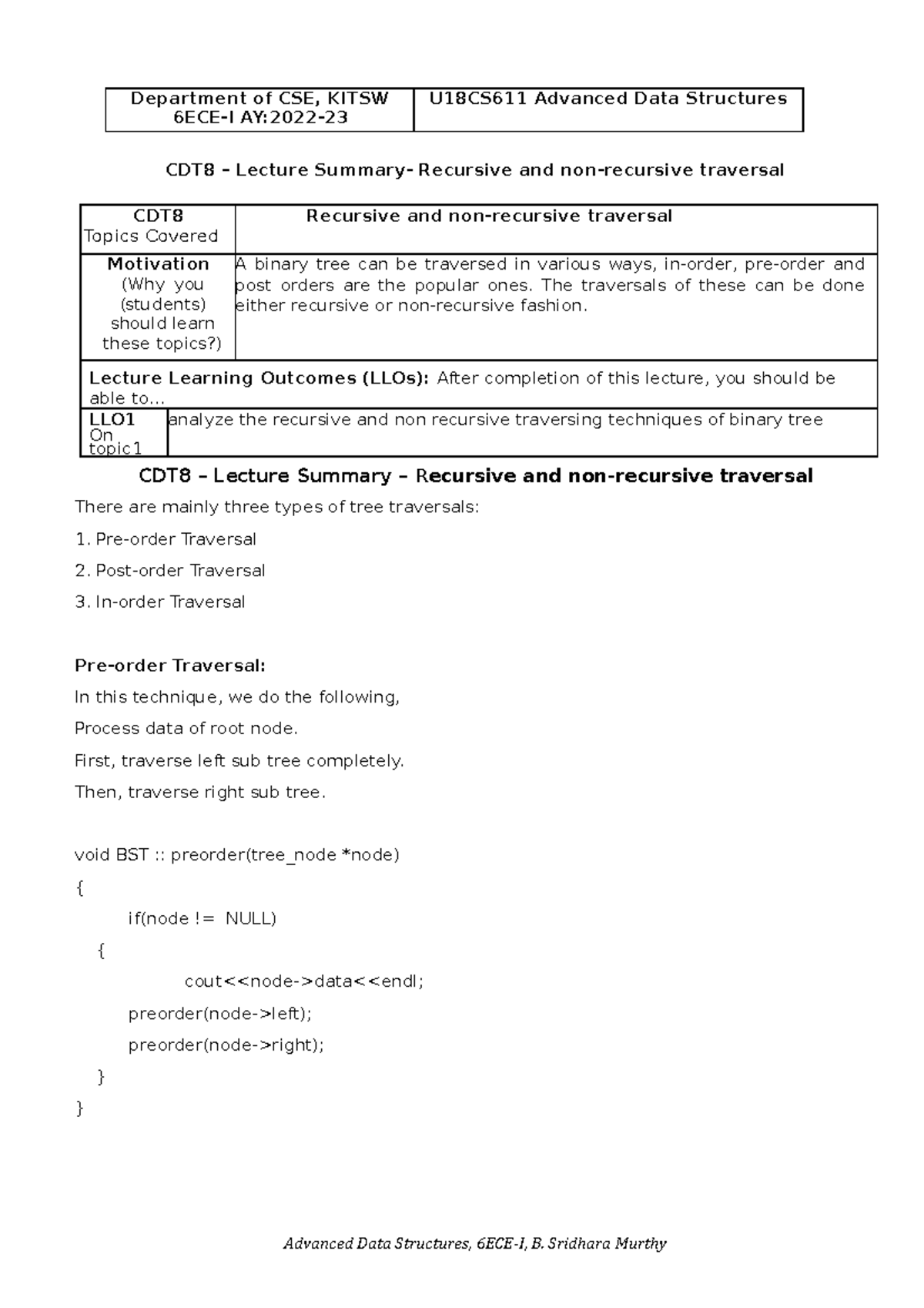 Cdt8 Recursive And Non Recursive Traversal Department Of Cse Kitsw