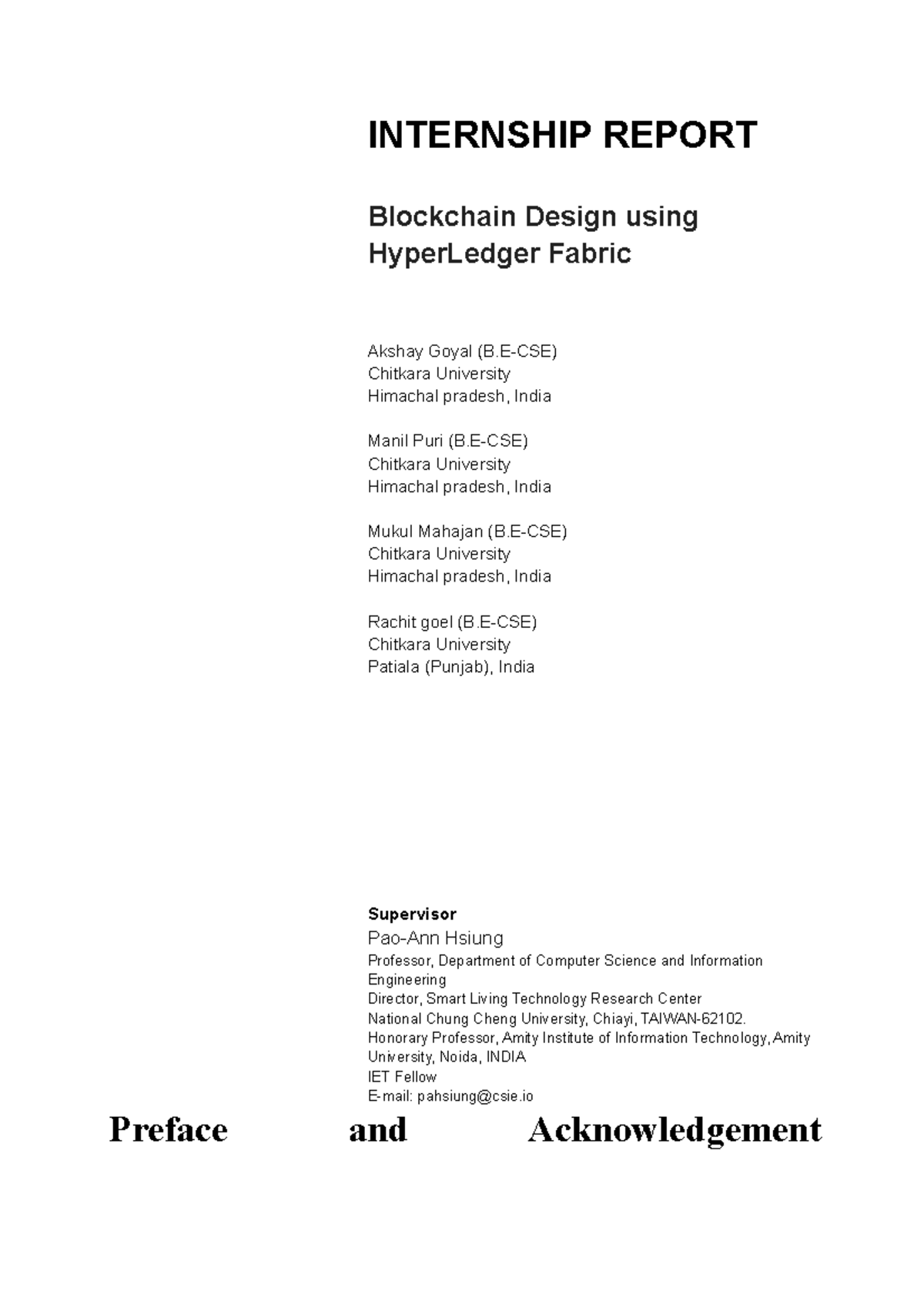 Chitkara Blockchain Project Report - INTERNSHIP REPORT Blockchain Design using HyperLedger ...