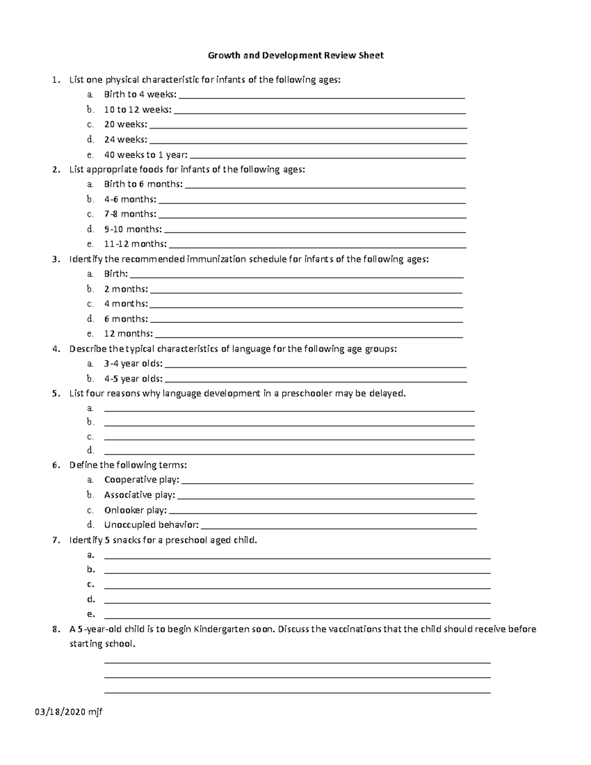 Growth and Development Review Sheet - Birth to 4 weeks: b. 10 to 12 ...