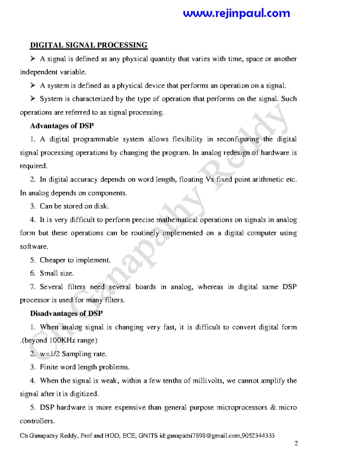 Dsp+notes+1 - Its lectures notes - Ch Ganapathy Reddy, Prof and HOD ...