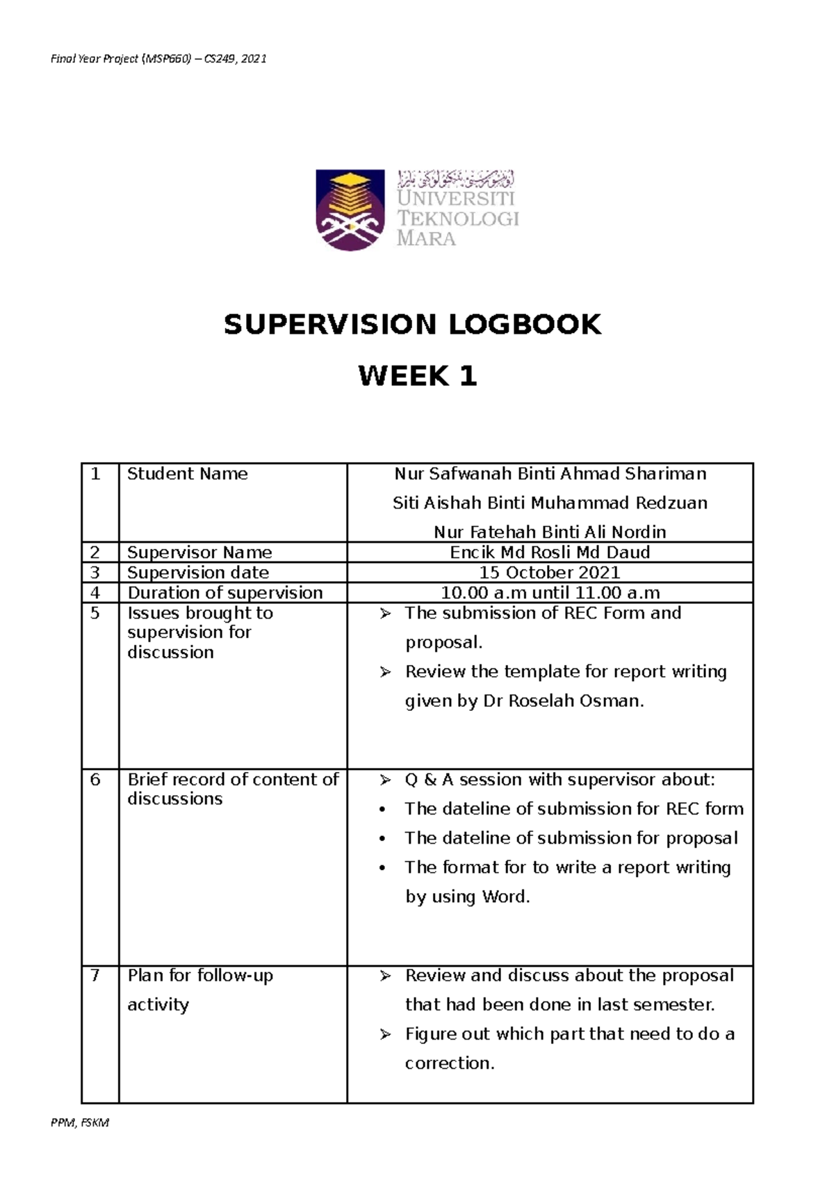 MSP660 Supervision Logbook - SUPERVISION LOGBOOK WEEK 1 1 Student Name ...