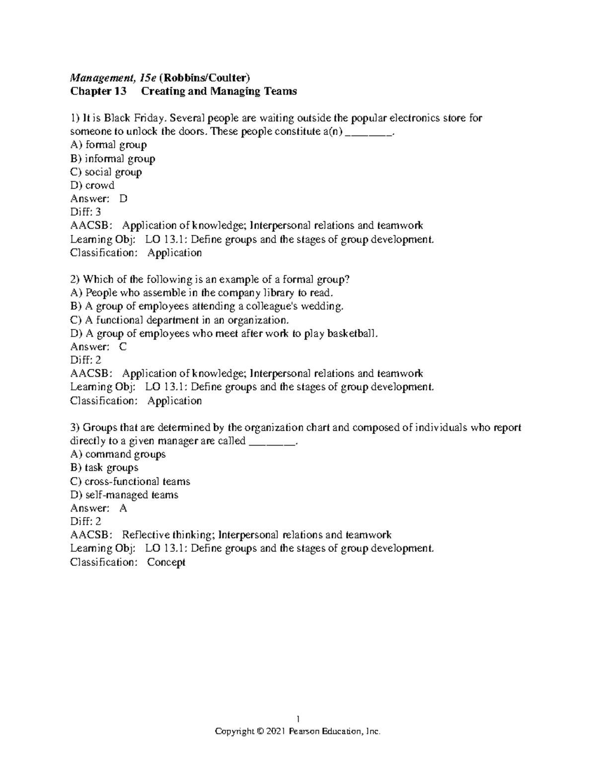Management Chapter 13 Question Bank - 1 Management, 15e (Robbins ...