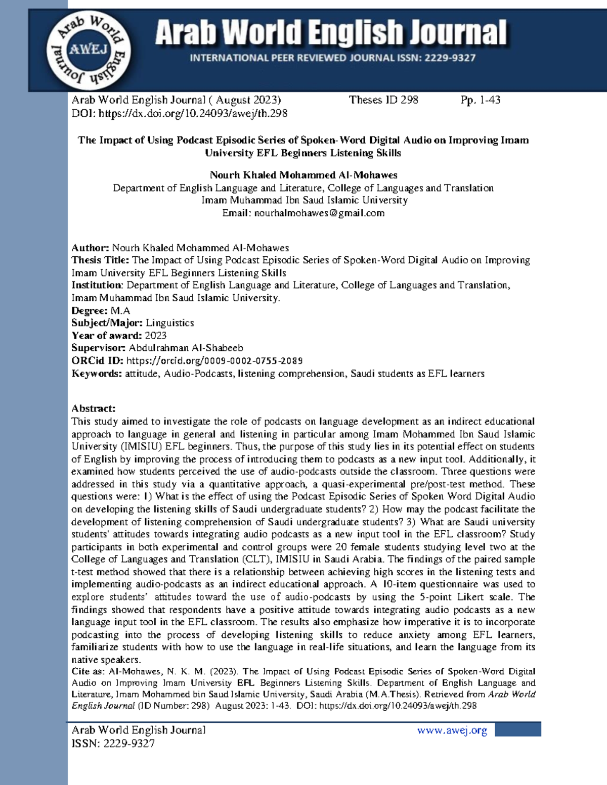 Nourh Khaled Mohammed Al-Mohawesfullthesis - Arab World English Journal ...