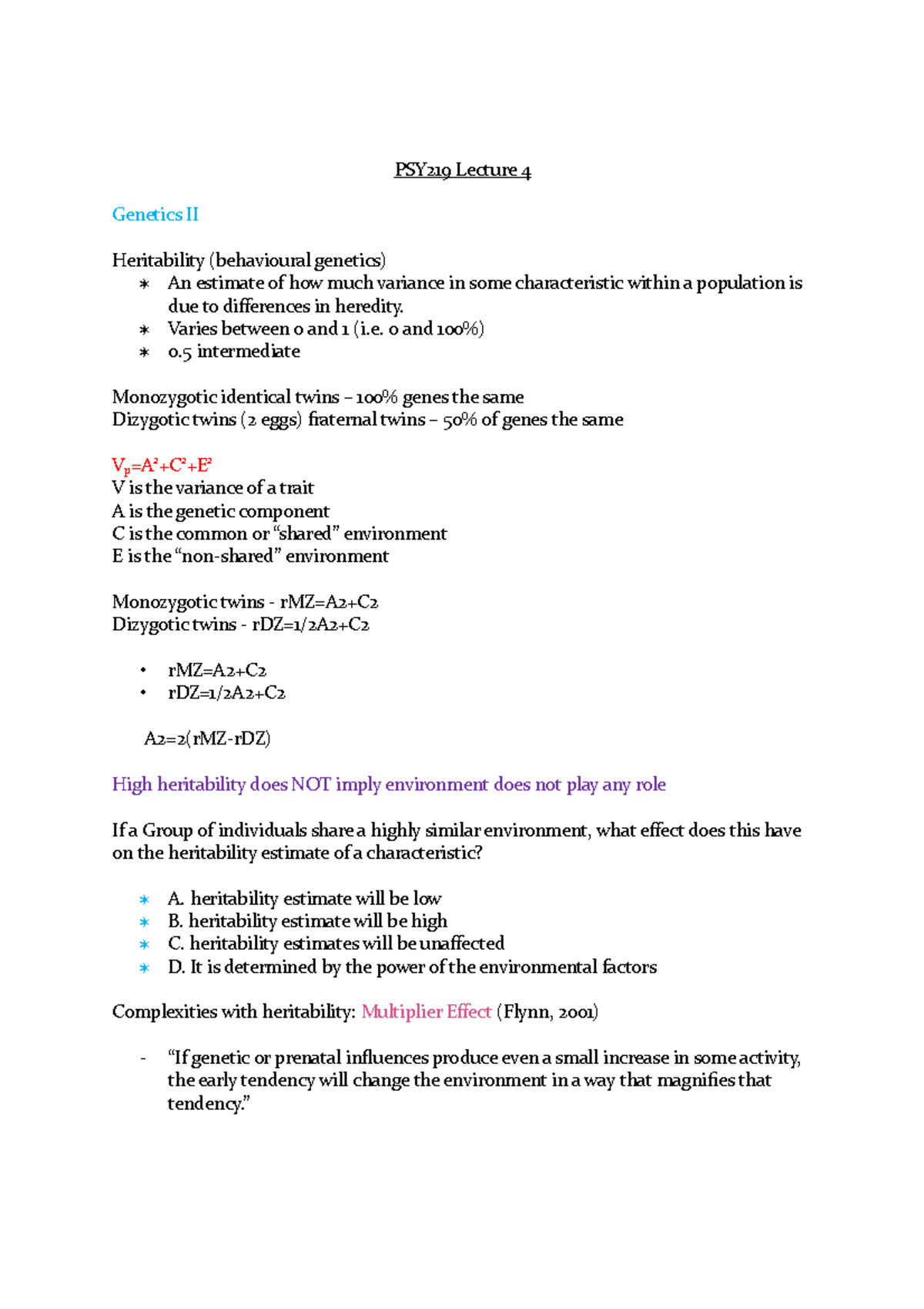 Lecture 4 Genetics II - PSY219 Lecture 4 Genetics II Heritability ...
