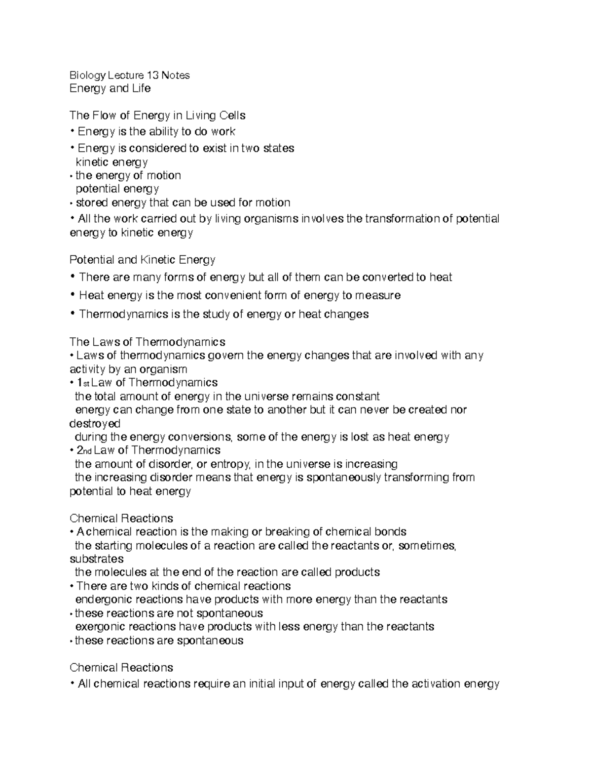 Bio 13 - energy biology class notes - Biology Lecture 13 Notes Energy ...