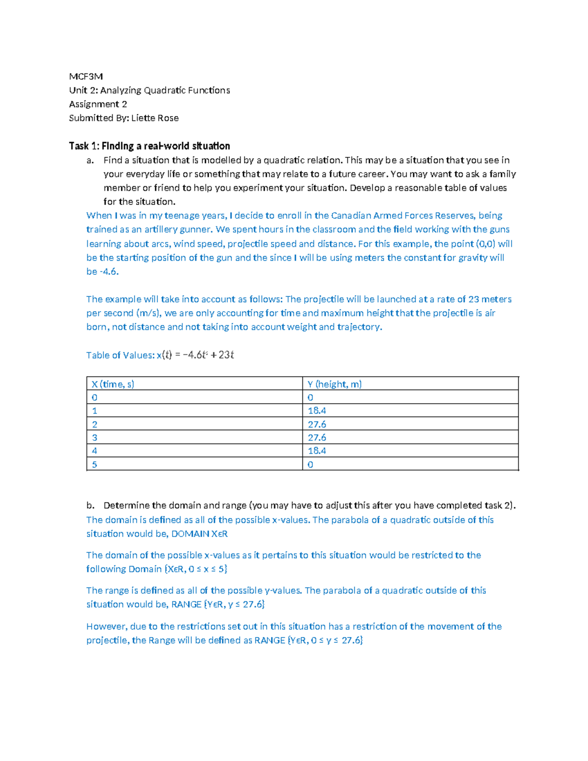 MCF3M Assignment 2 - MCF3M Unit 2: Analyzing Quadratic Functions Assignment 2 Submitted By ...