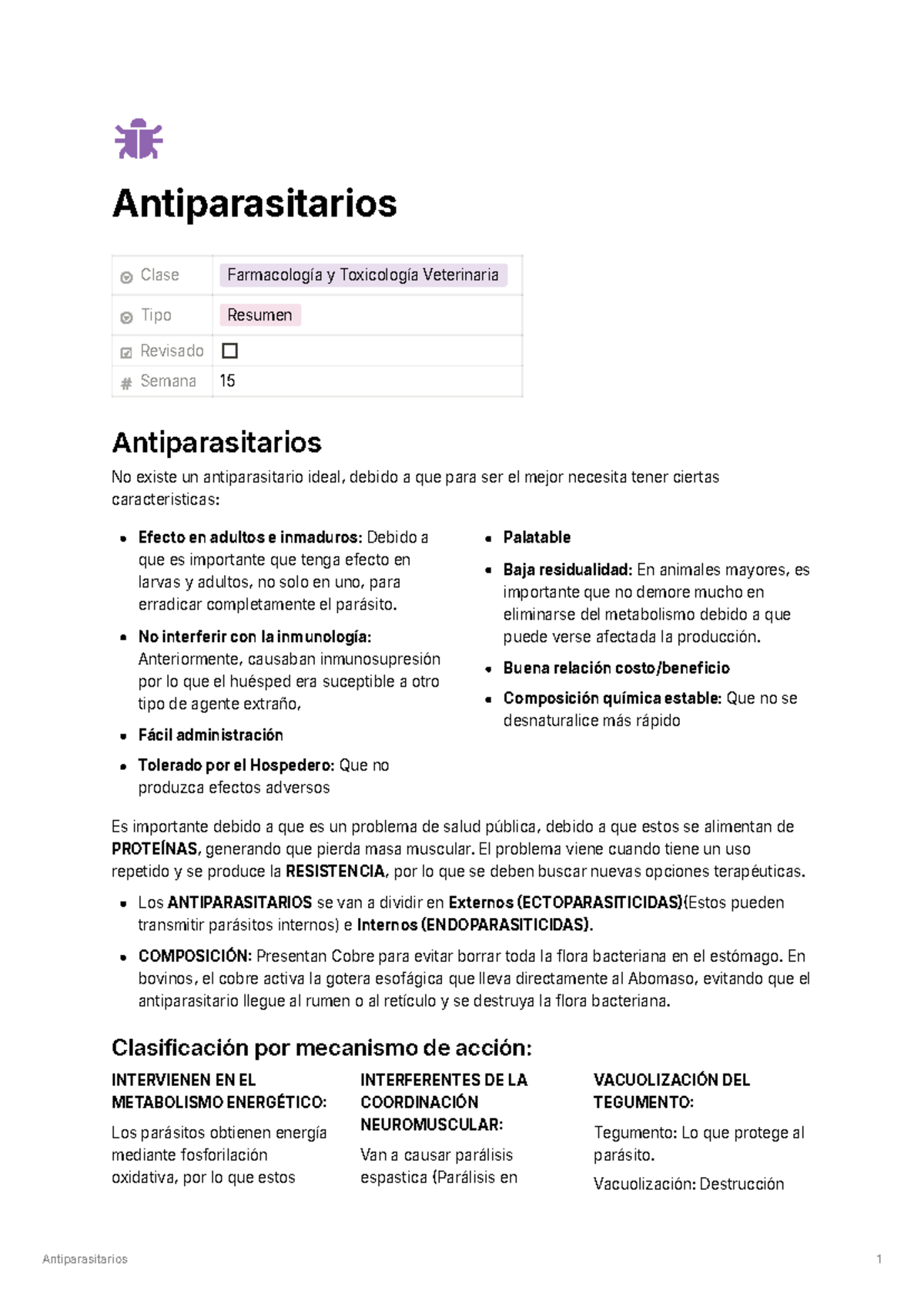 Resumen de Antiparasitarios - Antiparasitarios Clase Farmacología y ...