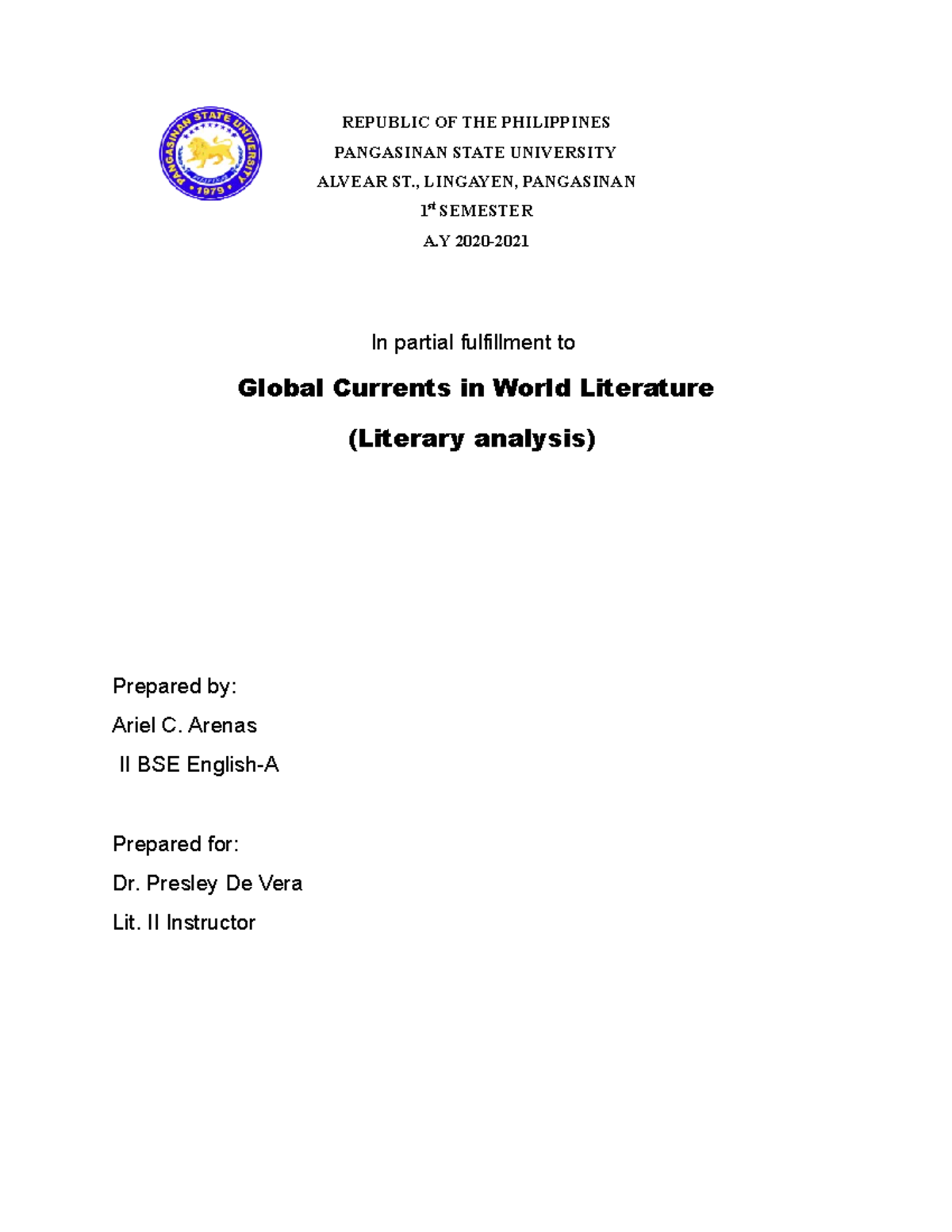 Arenas, ariel c.- Literary analysis lit2 - BS. education - PangSU - Studocu