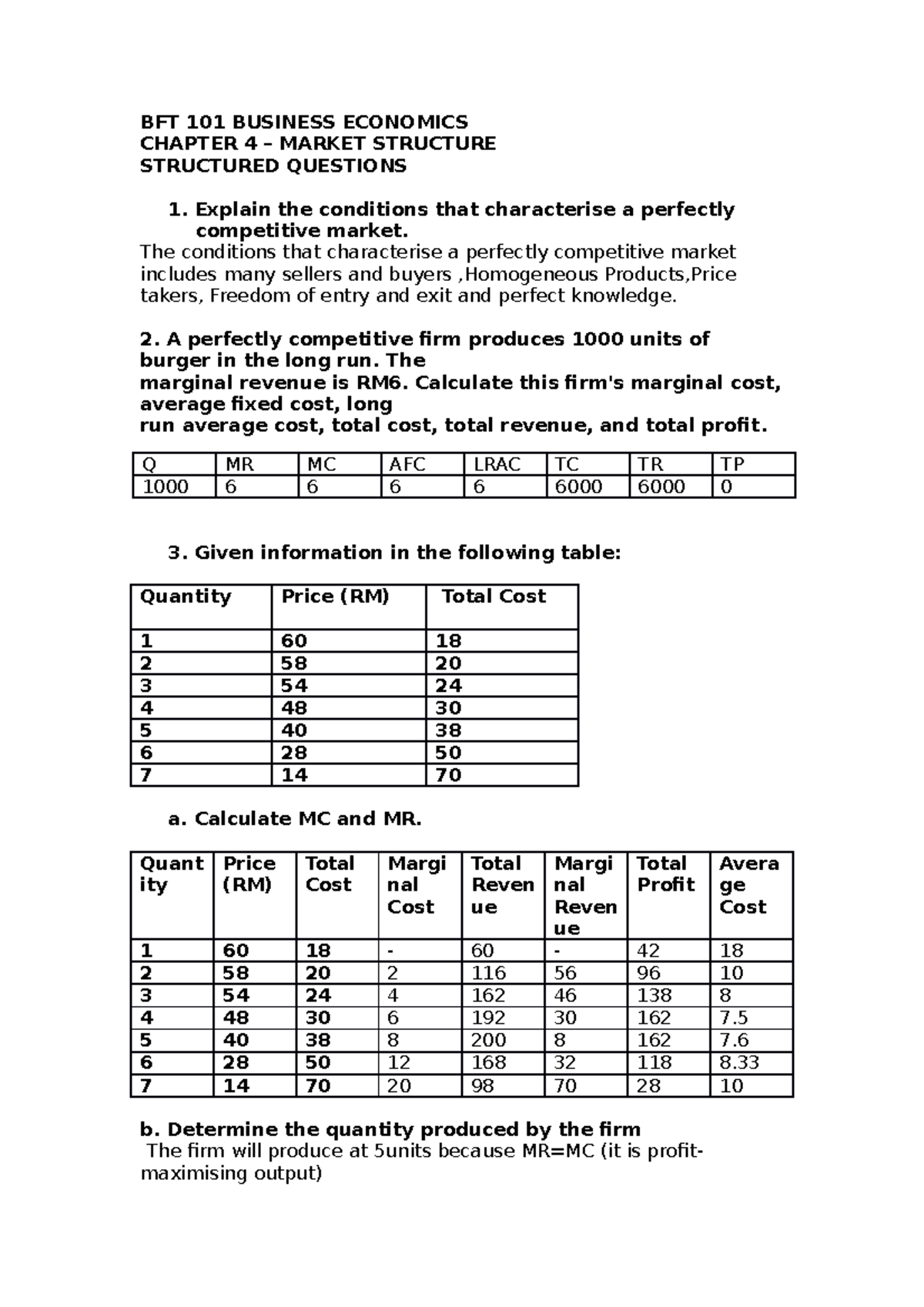 Chap4 (structered question) - BFT 101 BUSINESS ECONOMICS CHAPTER 4 ...