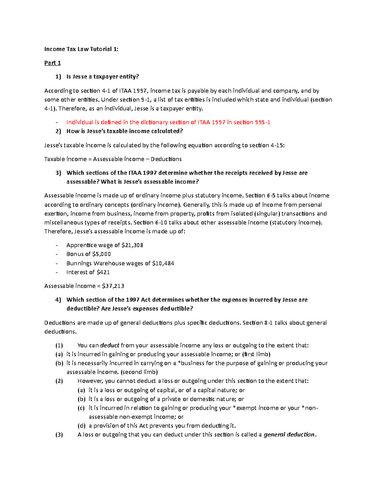 Income Tax Law Tutorial 1 Questions Income Tax Law Tutorial 1 Part 1