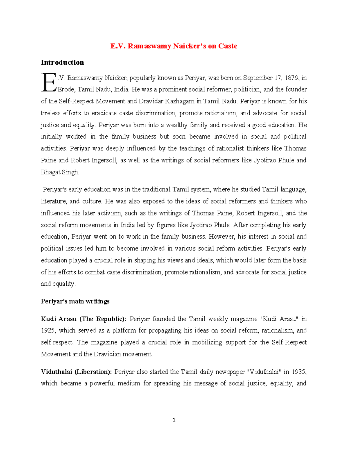 E.V. Ramaswamy Naicker’s on Caste - E. Ramaswamy Naicker’s on Caste ...