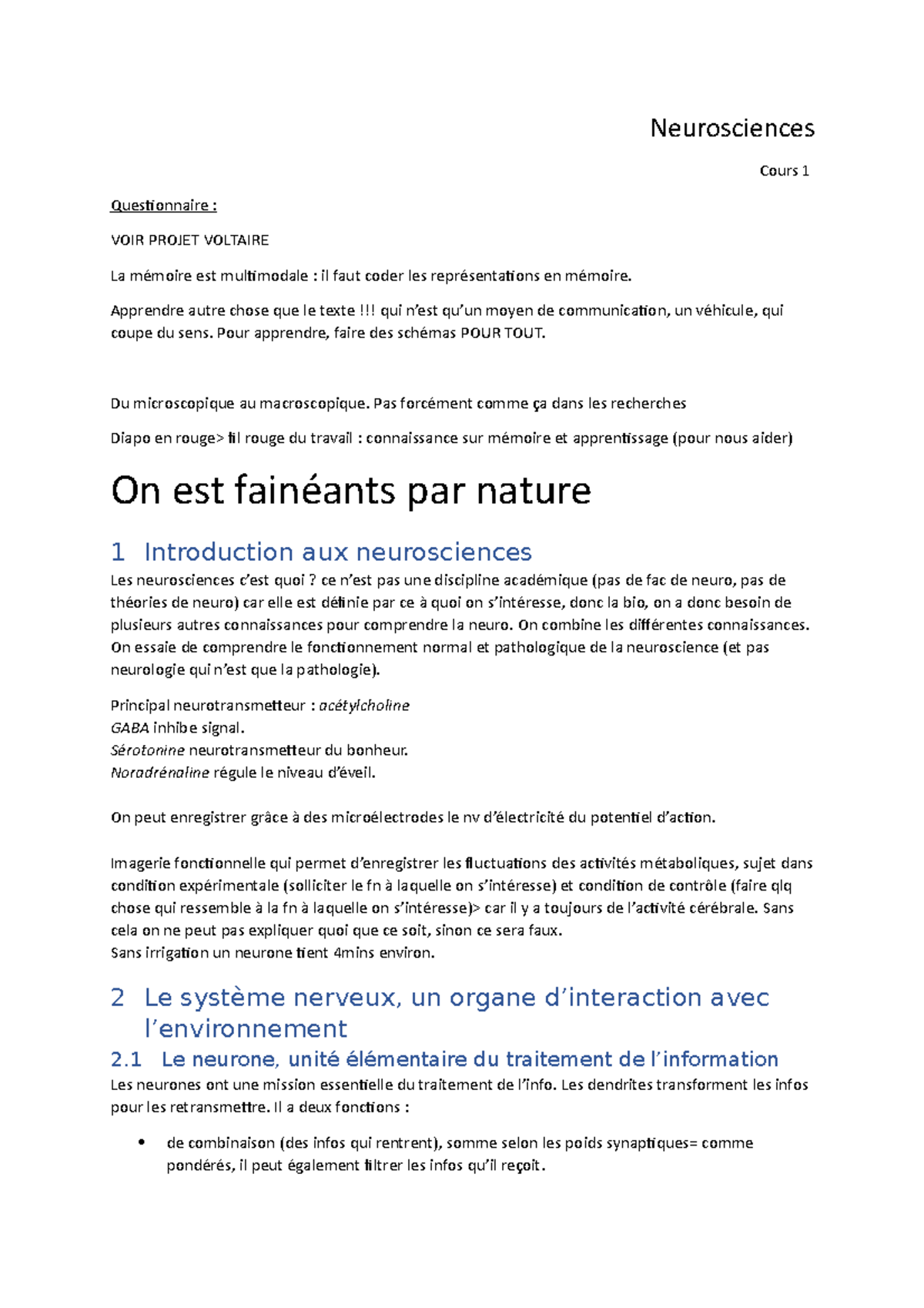 Neuroscience première année licence - Neurosciences Cours 1 ...