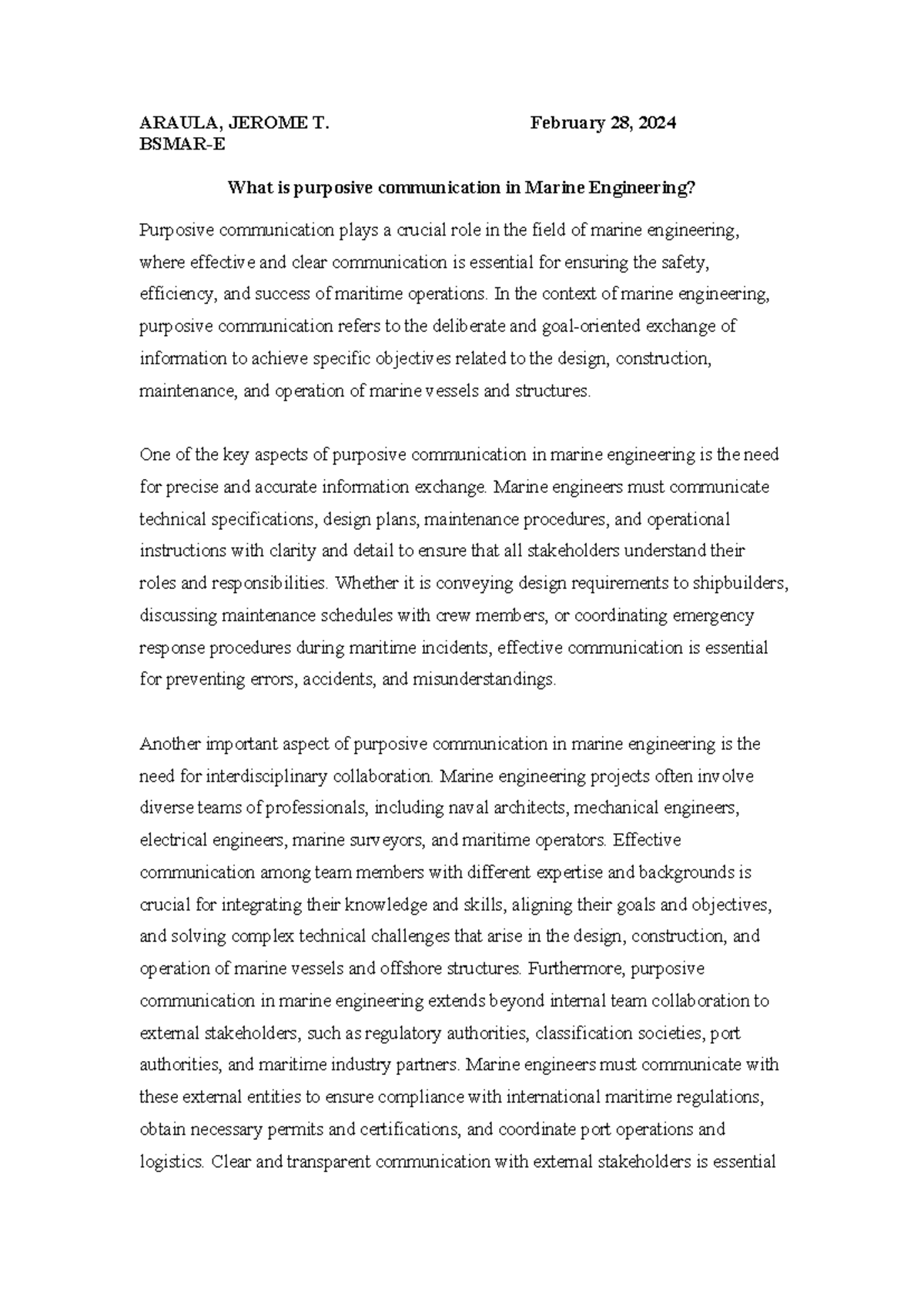 Araula - Anser sheet for maritime - ARAULA, JEROME T. February 28, 2024 ...