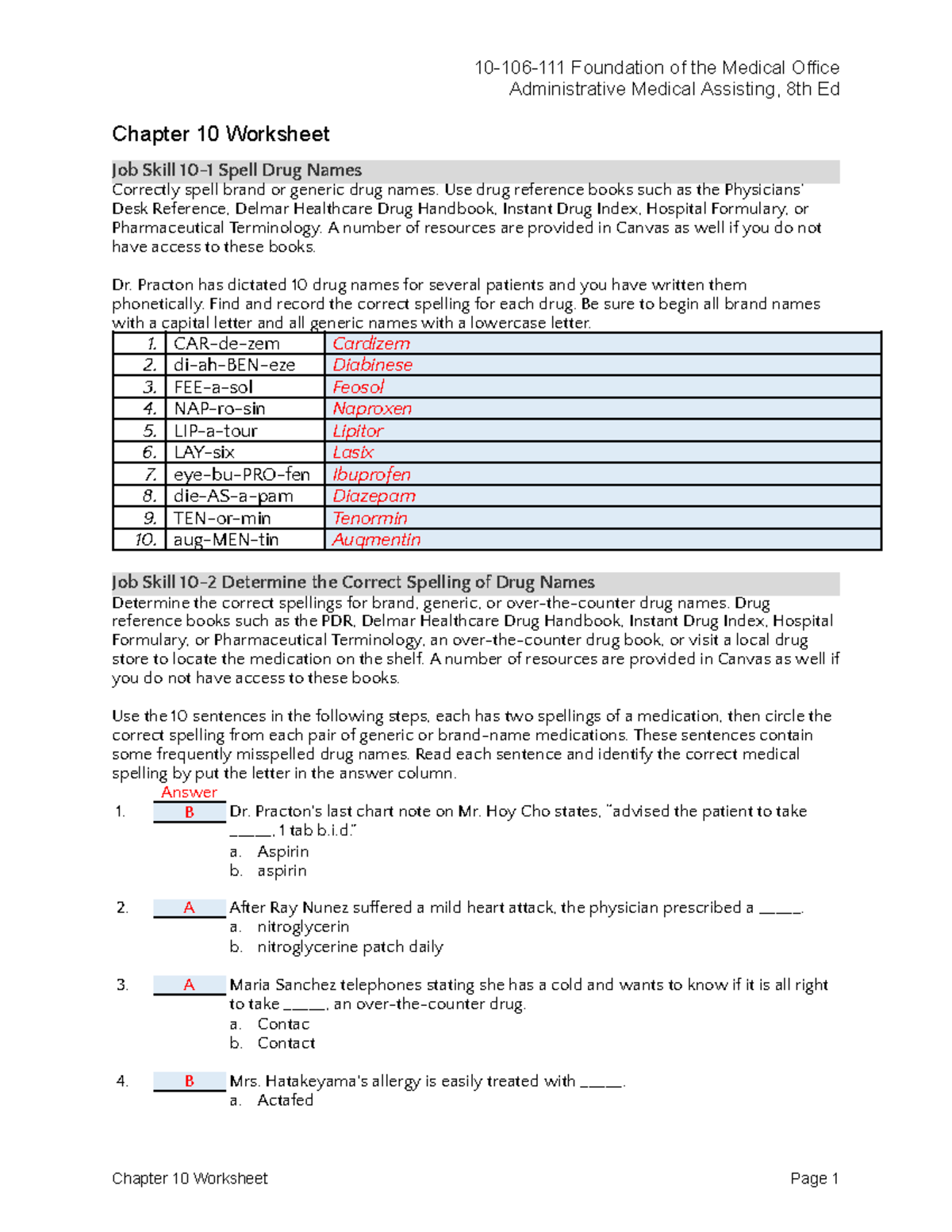 Copy of Chapter 10 Worksheet - 10-106-111 Foundation of the Medical Office Administrative ...