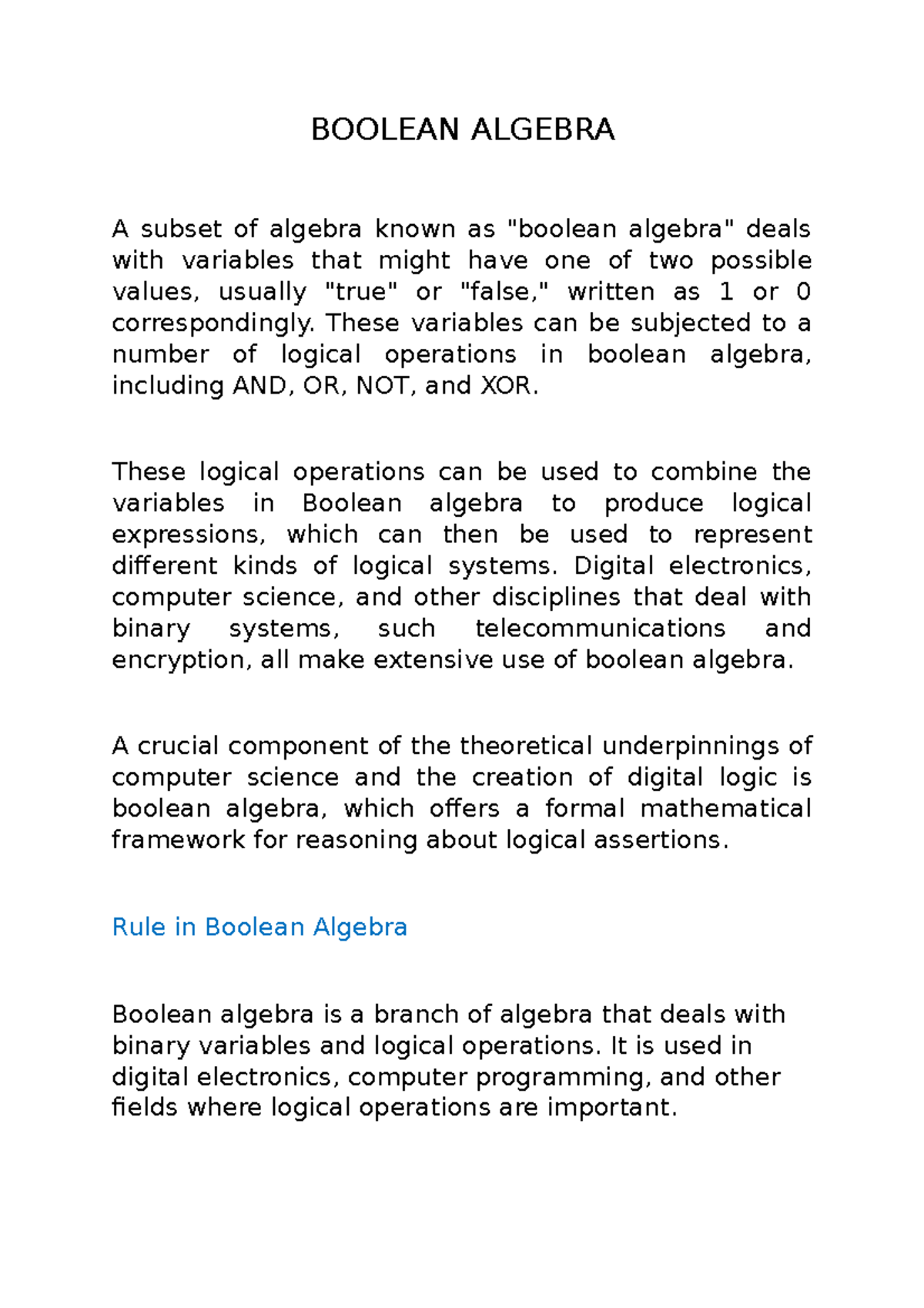 Boolean Algebra - NOTES - BOOLEAN ALGEBRA A subset of algebra known as ...