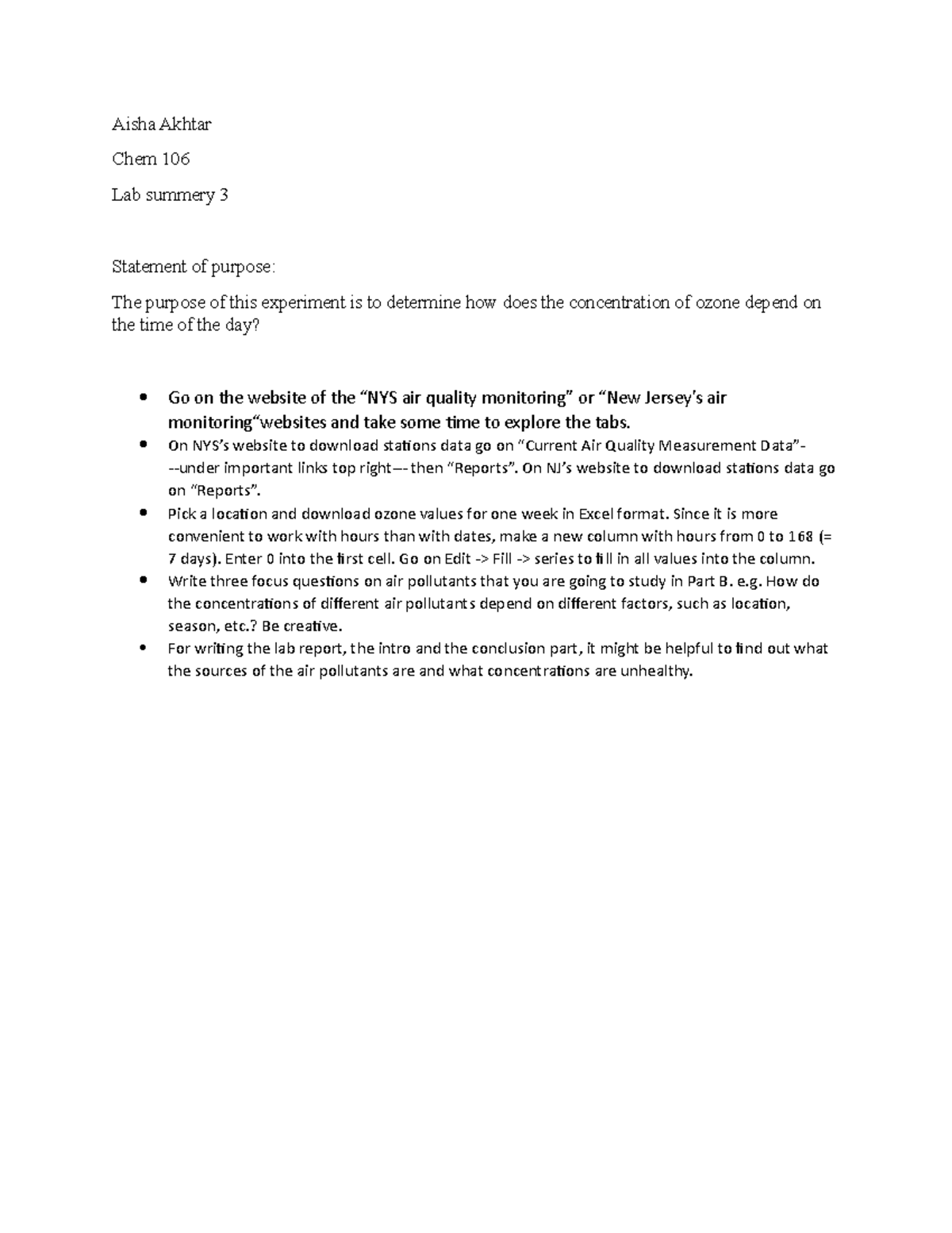 Summary lab 3 - Aisha Akhtar Chem 106 Lab summery 3 Statement of ...
