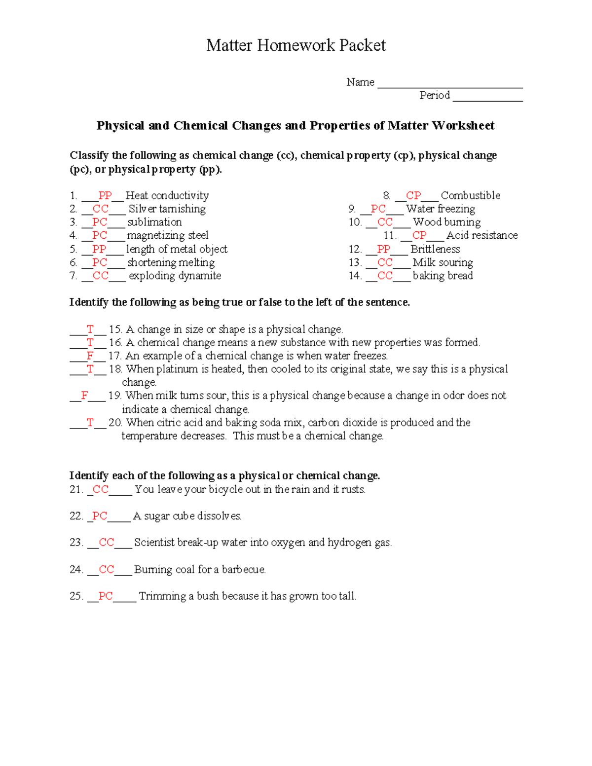 Matter Homework Packet KEY - Matter Homework Packet Name ...