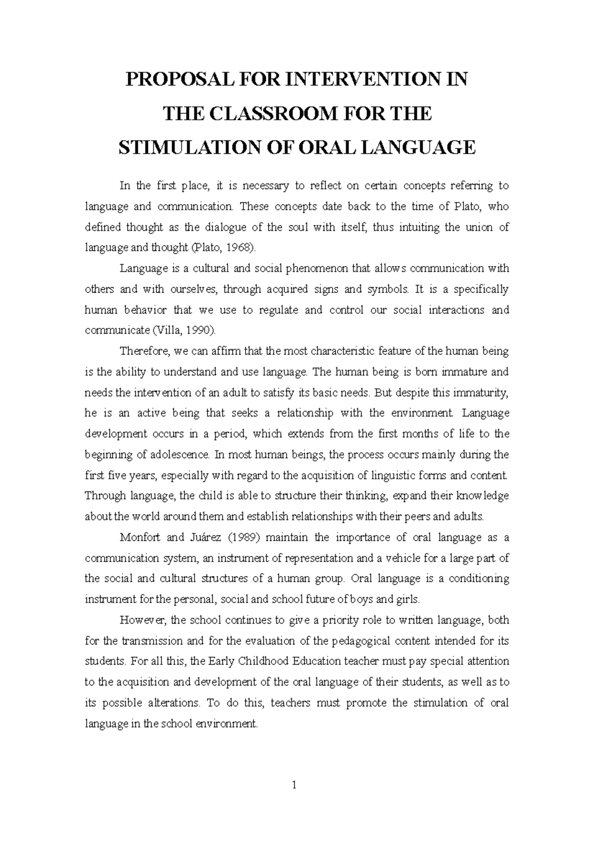 Proposal FOR Intervention IN THE Classroom FOR THE Stimulation OF ORAL ...