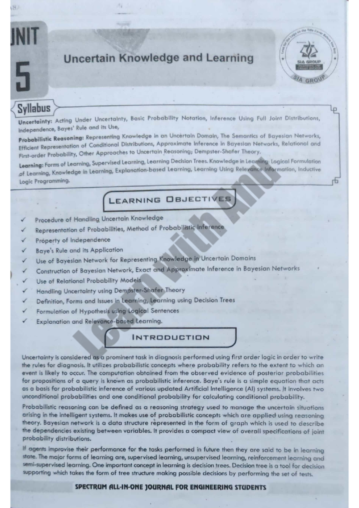 Artificial Intelligence UNIT - 5 - INIT the Uncertain Knowledge and Learning SIA GROUP 5 SIA ...