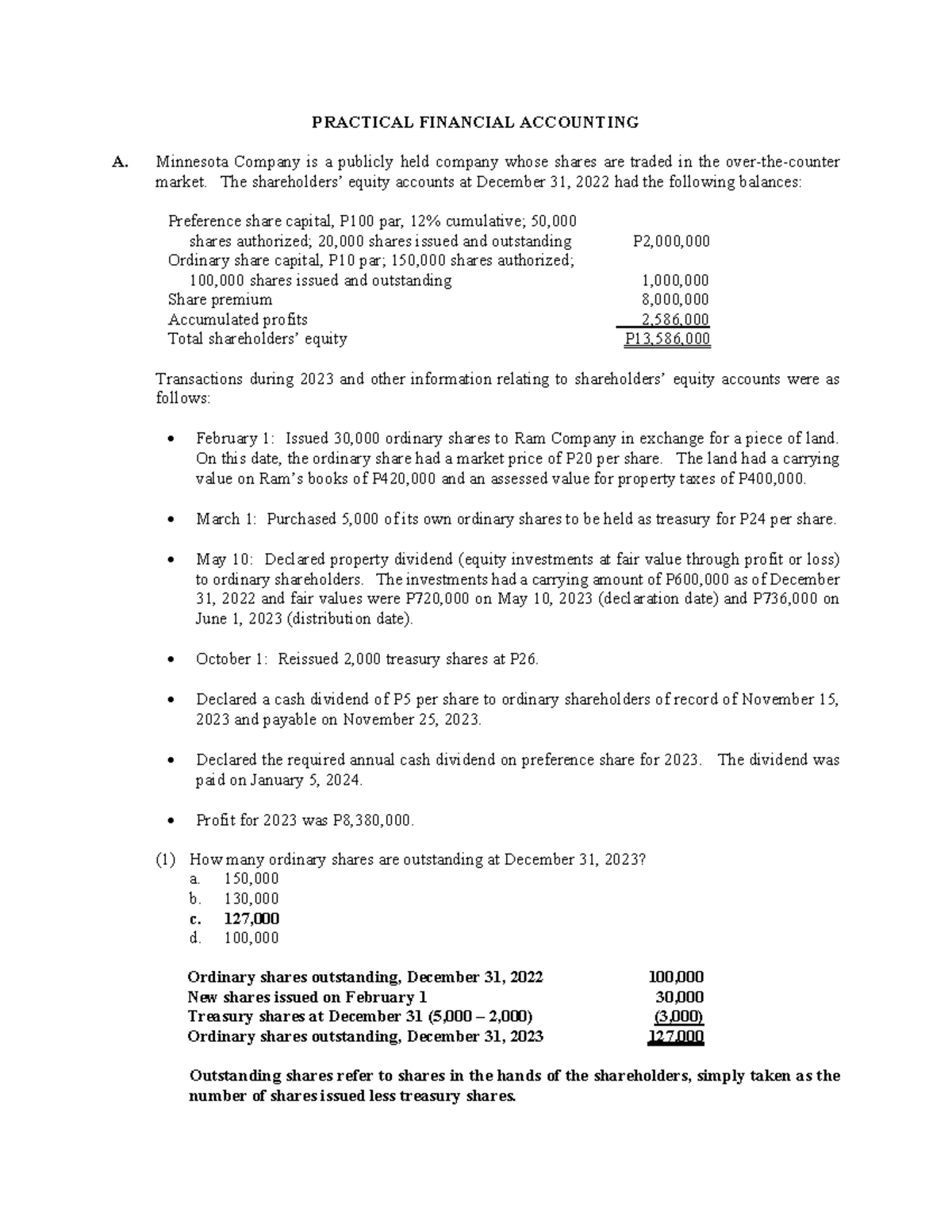 Sh Eq 1 - Problems - Shareholder's Equity - PRACTICAL FINANCIAL ...