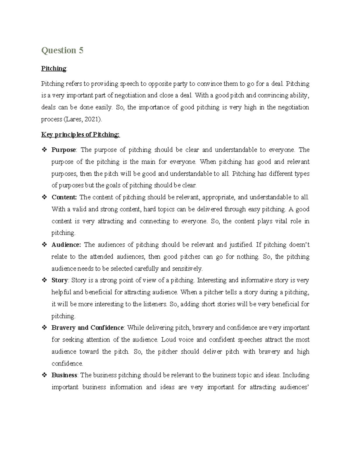 Pitch S2 Q3 - Essay - Question 5 Pitching: Pitching refers to providing ...