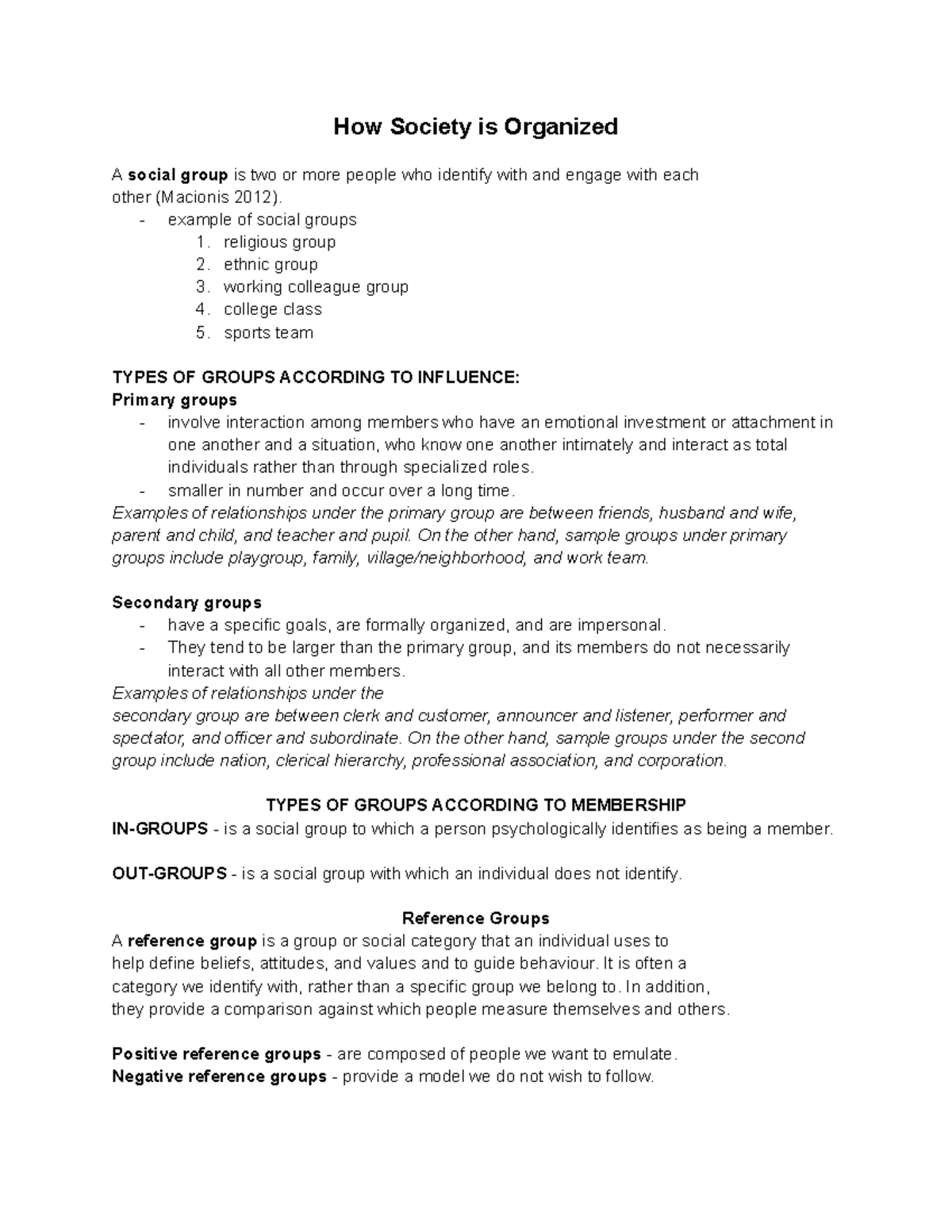How Society is Organized - example of social groups 1. religious group ...