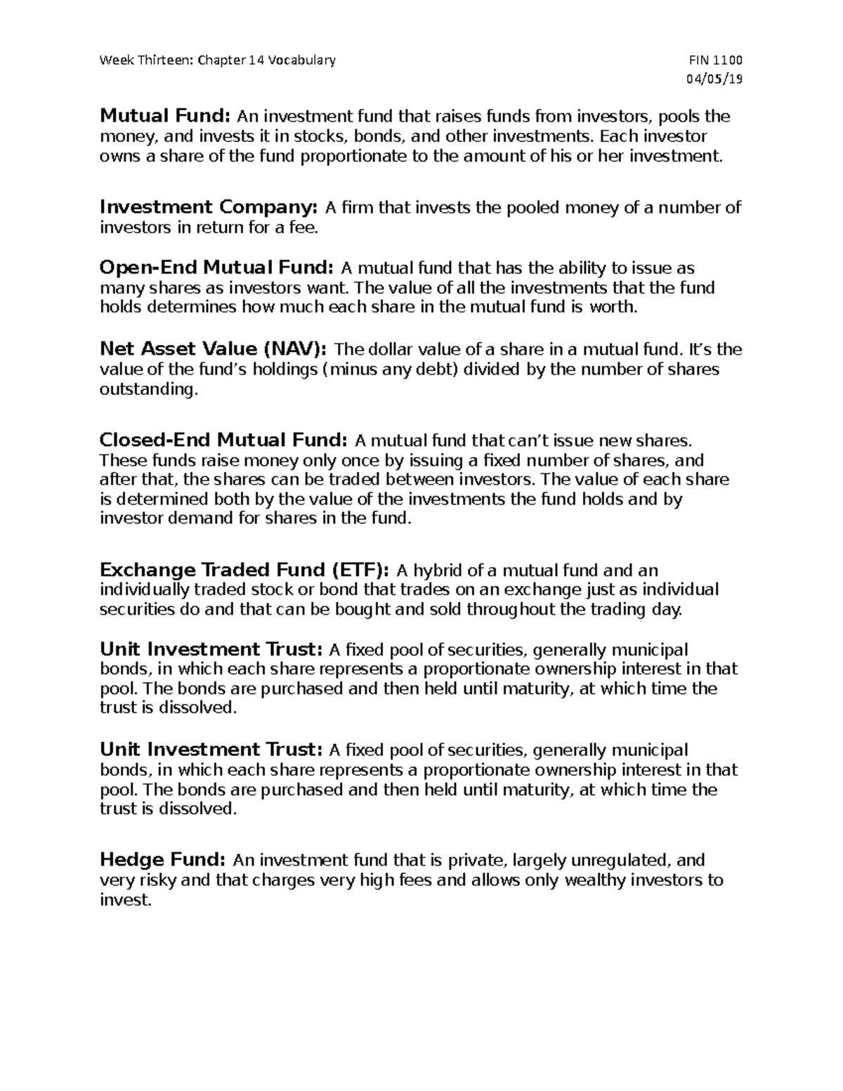 Chapter 14 Vocabulary - Week Thirteen: Chapter 14 Vocabulary FIN 1100 ...
