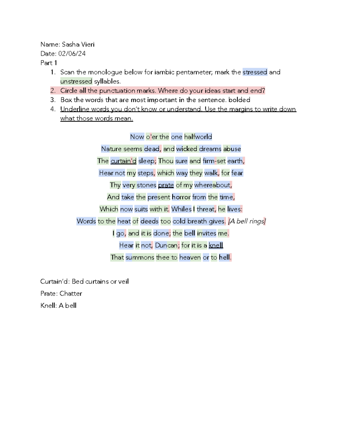 Monologue Prep Macbeth - Name: Sasha Vieri Date: 02/06/ Part 1 1. Scan ...
