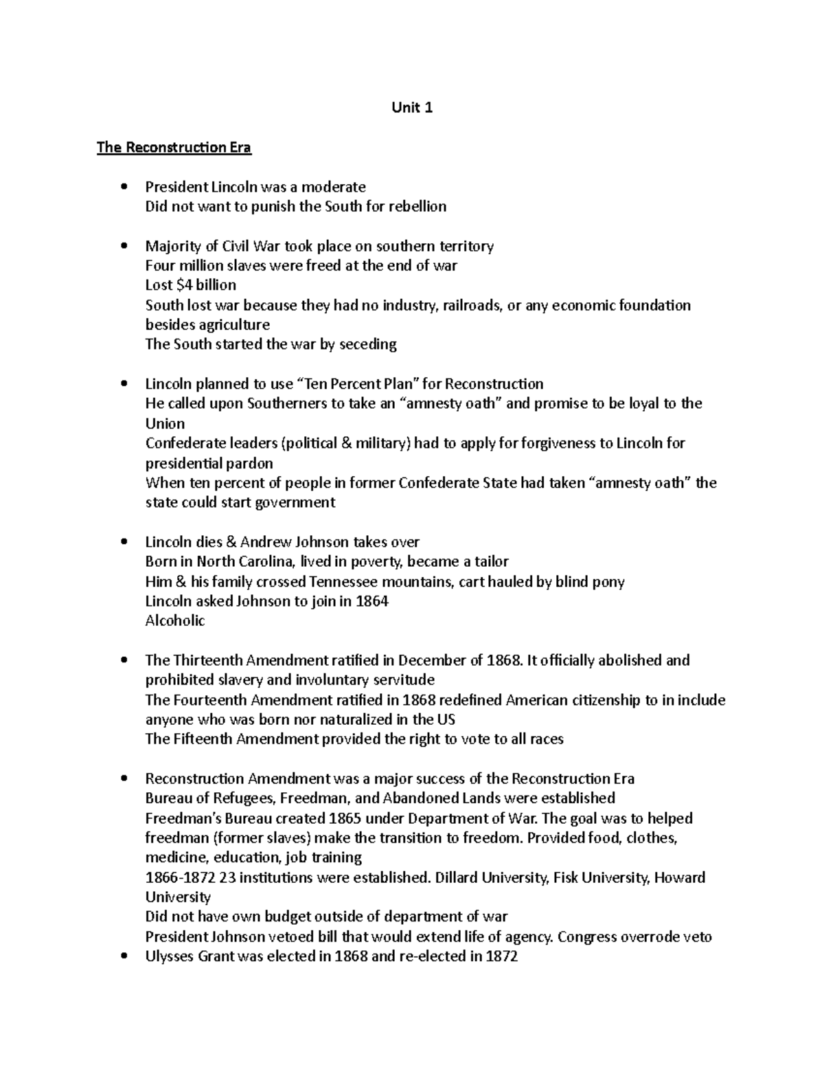 Unit 1 Notes - Unit 1 The Reconstruction Era President Lincoln was a ...