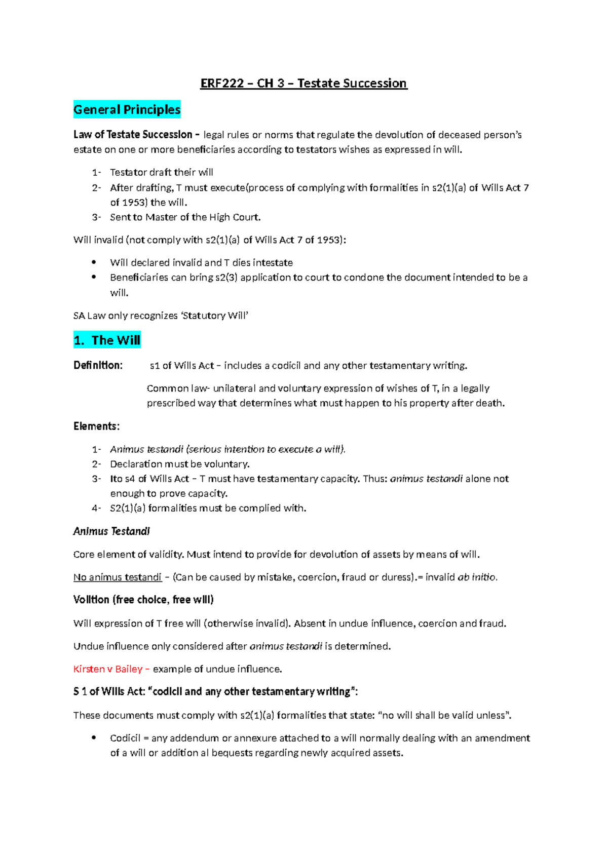 ERF222 SU 3 Testate Succession Summary - ERF222 – CH 3 – Testate ...