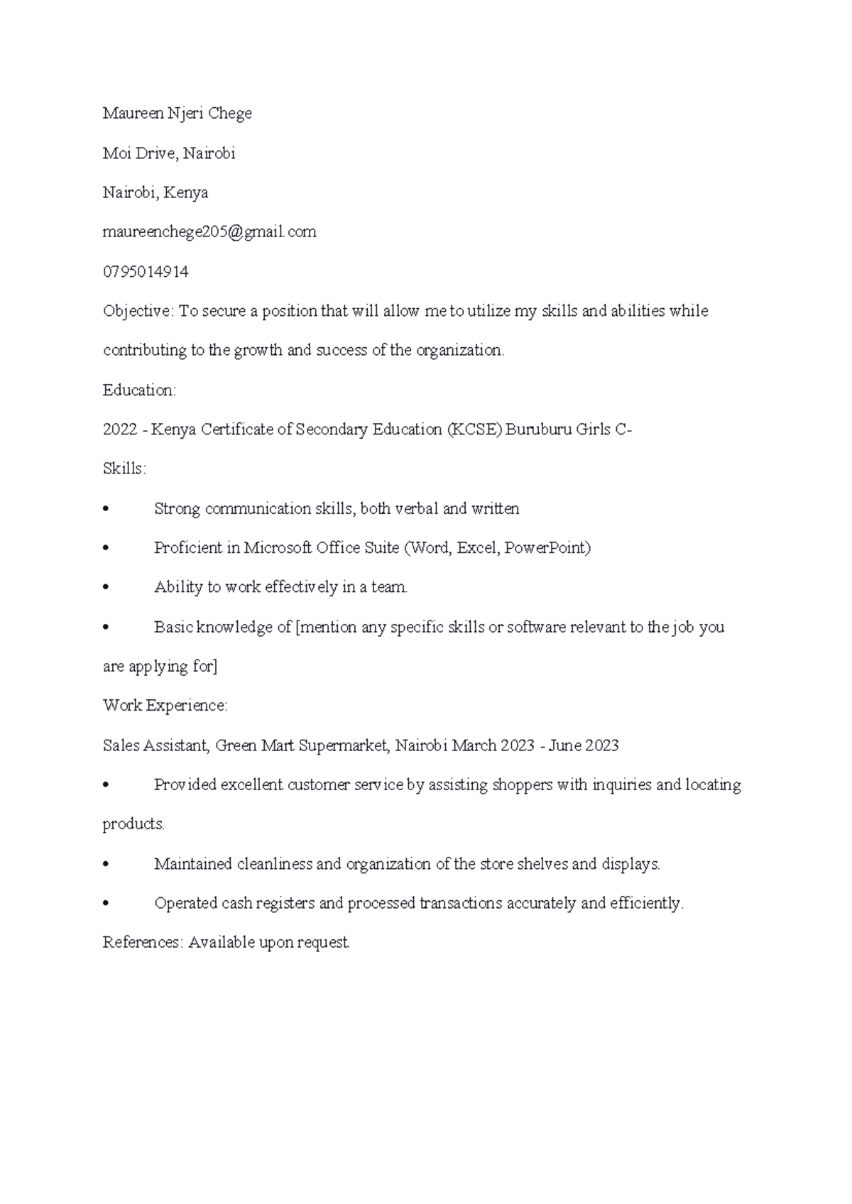 Maureen CV - assignment - Maureen Njeri Chege Moi Drive, Nairobi ...