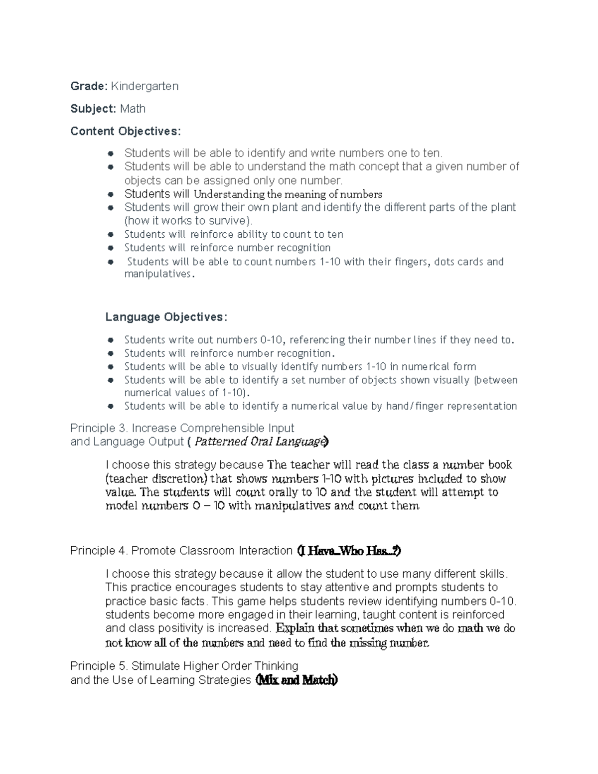 Unit 7 Discussion - Grade: Kindergarten Subject: Math Content ...