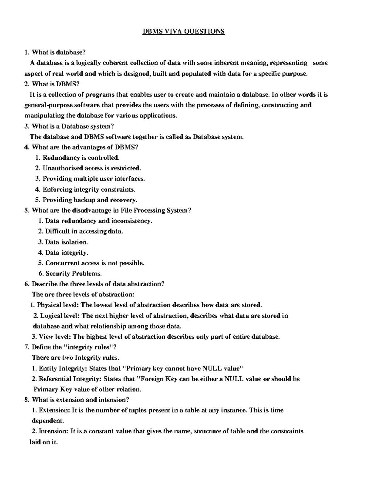 DBMS VIVA Questions - ertyui - DBMS VIVA QUESTIONS What is database? A ...