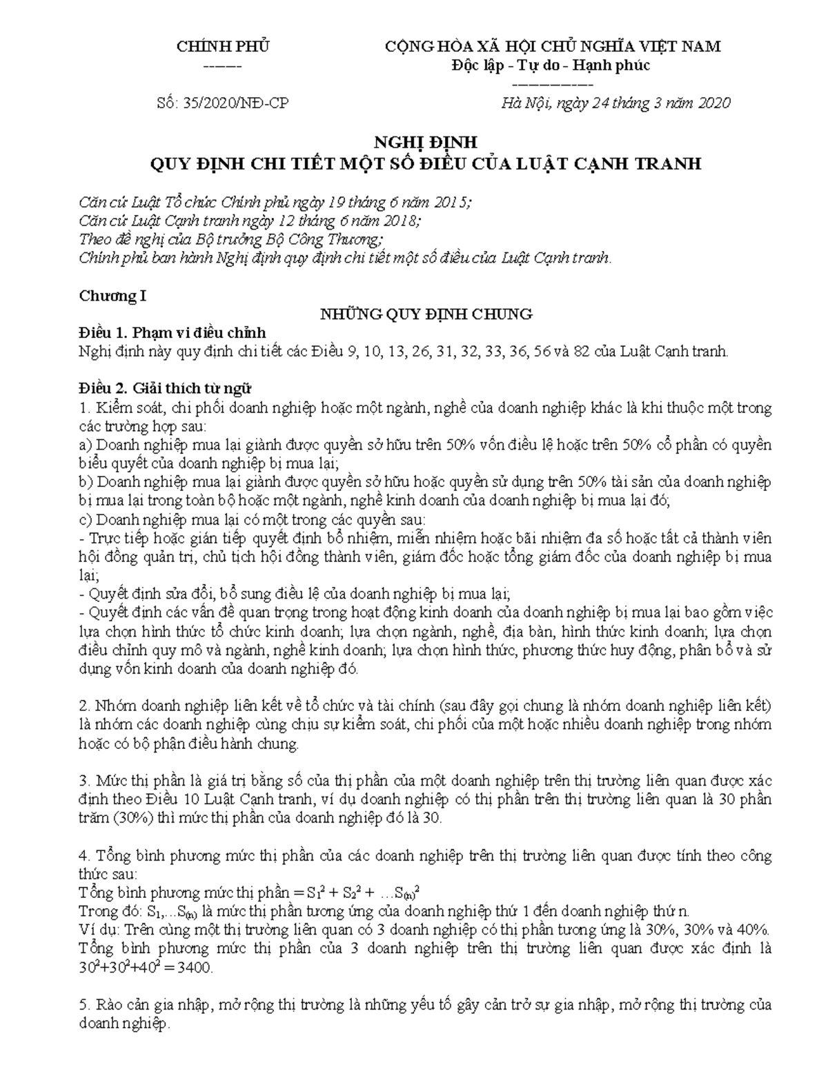 Nghi dinh 35 2020 hdan Luat canh tranh 2018 - CHÍNH PHỦ - CỘNG HÒA XÃ ...