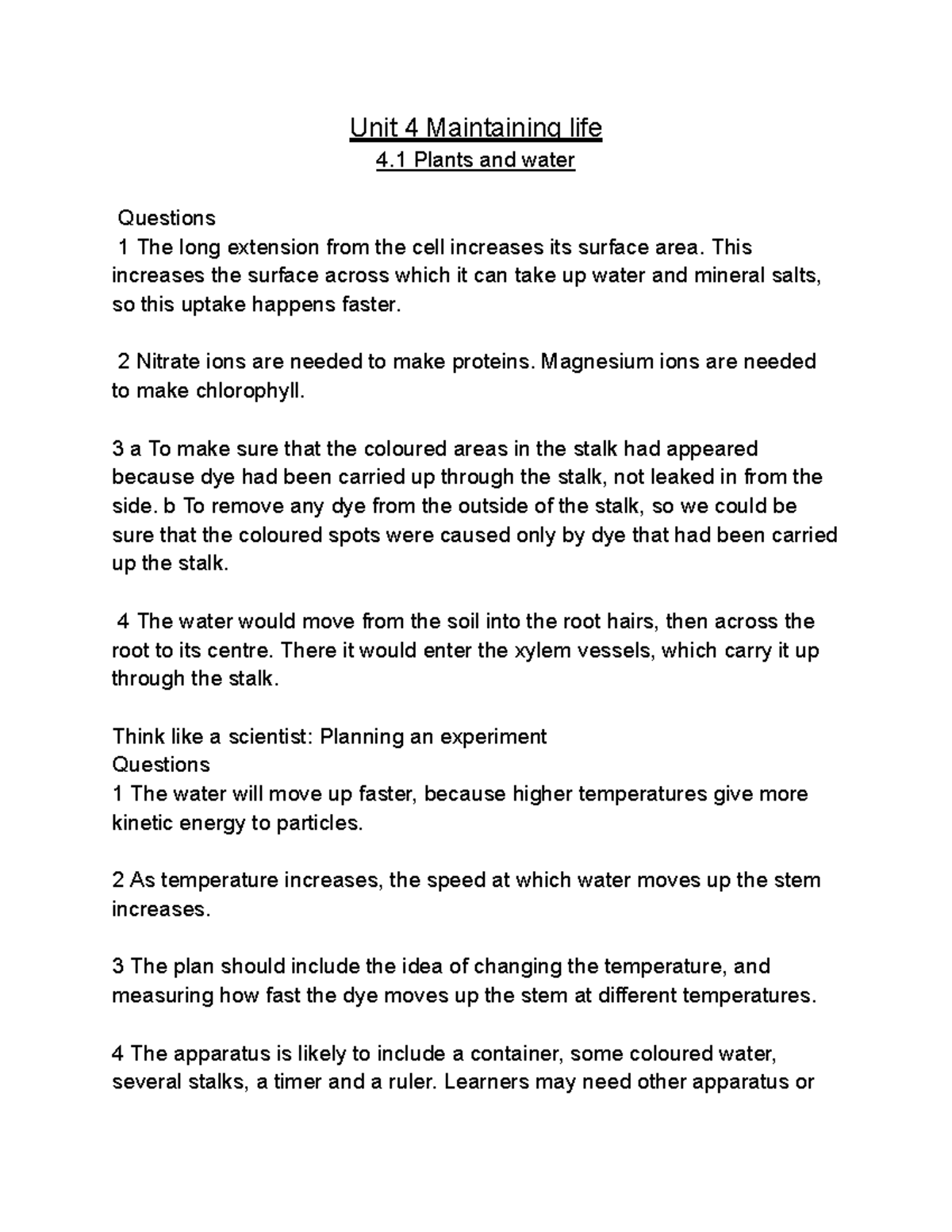 Unit 4 Maintaining life - Unit 4 Maintaining life 4 Plants and water ...