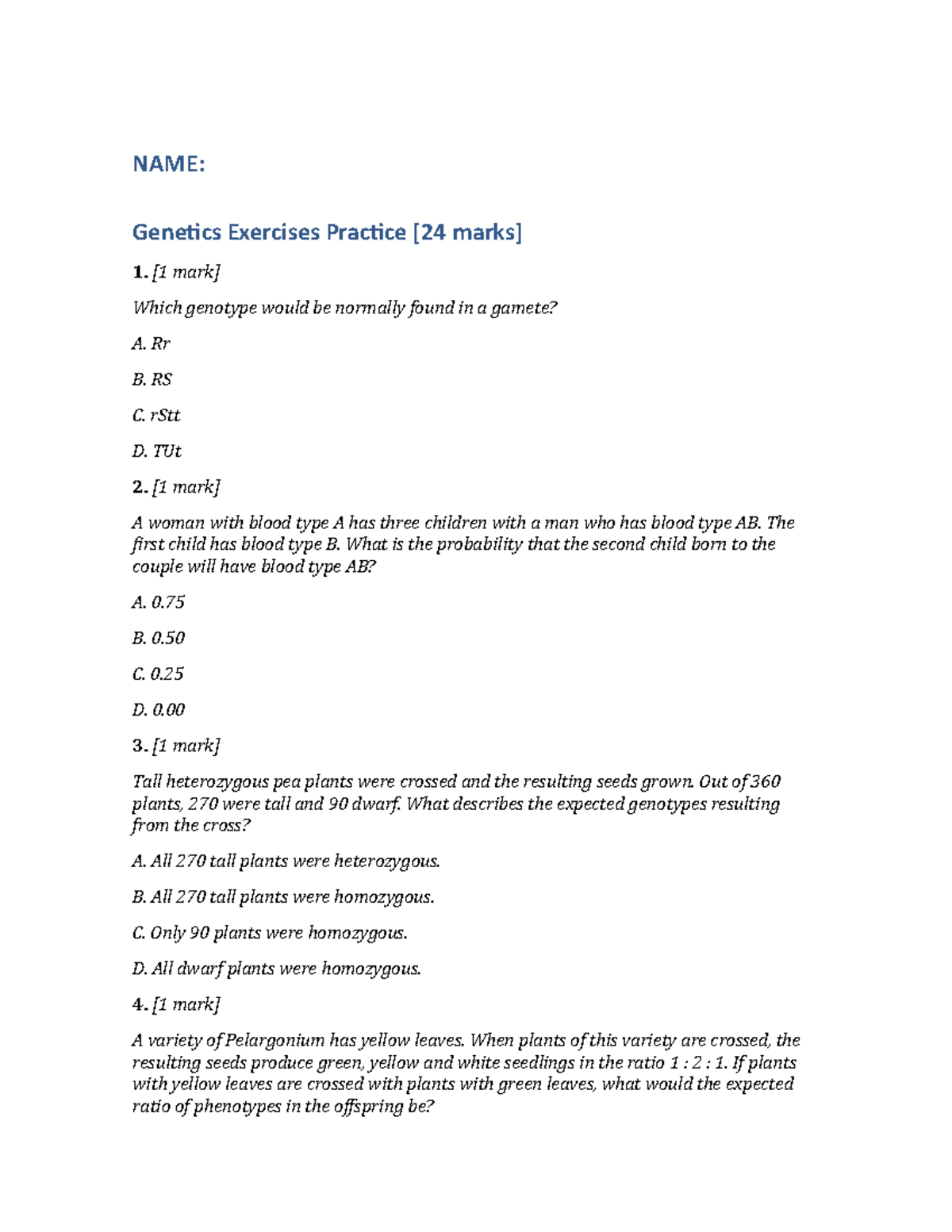 Genetics Exercises Practice IB - NAME: Genetics Exercises Practice [24 ...
