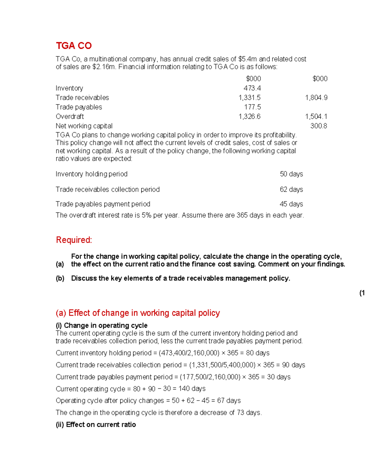 TGA CO Accounts receivable question - TGA CO TGA Co, a multinational ...