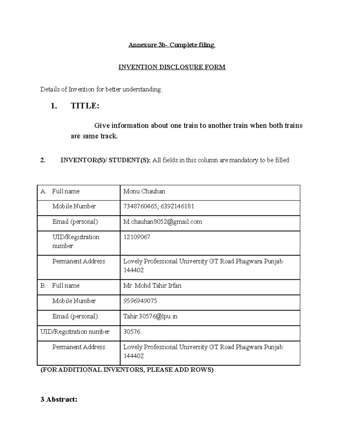 Patent submission - Annexure 3b- Complete filing INVENTION DISCLOSURE ...